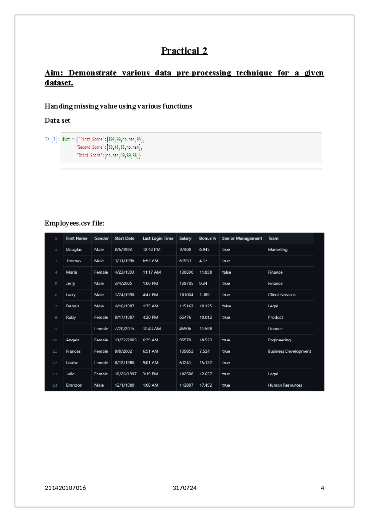Practical 2 ML - Machine learning - Practical- Aim: Demonstrate various data pre-processing ...