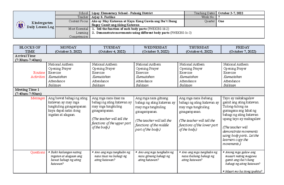 Kindergarten-DLL-MELC-Q1-Week 7 asf - Kindergarten Daily Lesson Log ...