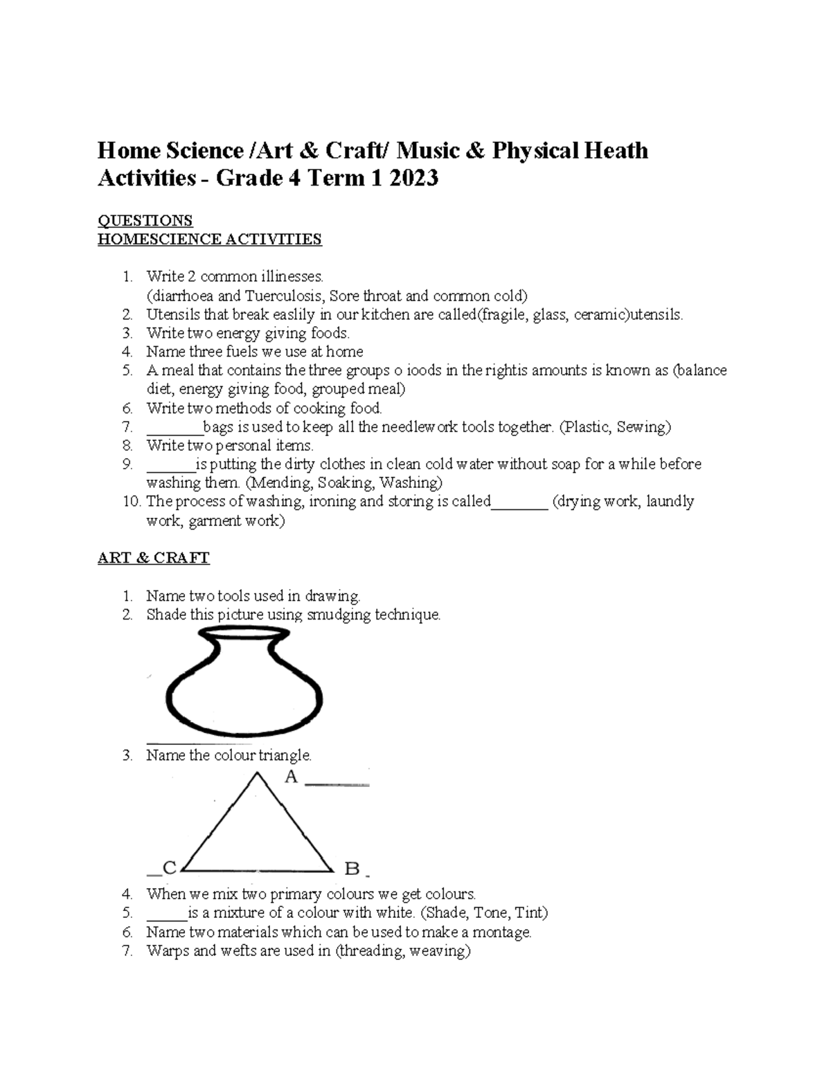 Home-Science-1 - Homework - Home Science /Art & Craft/ Music & Physical ...