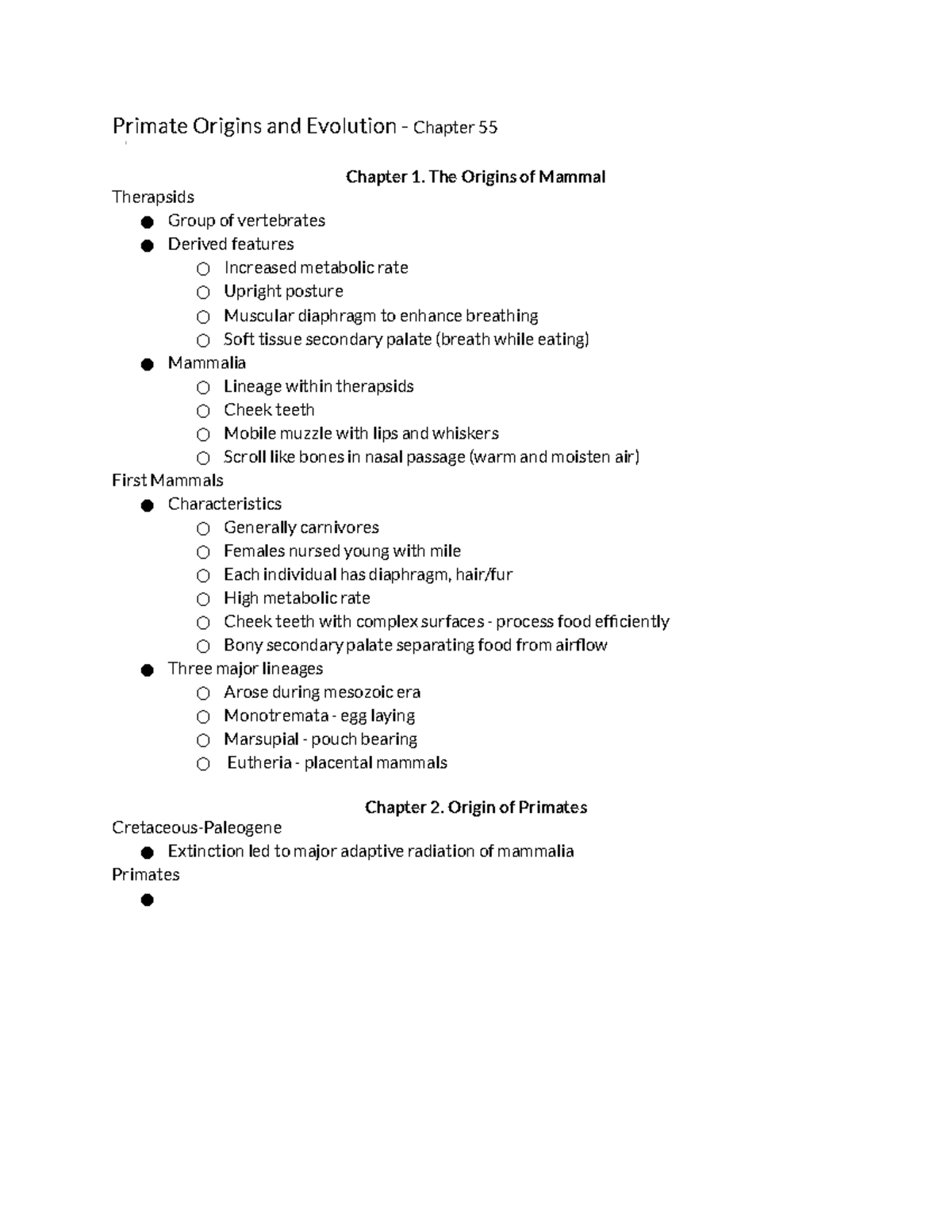 Chapter 55 textbook notes - Primate Origins and Evolution - Chapter 55 ...