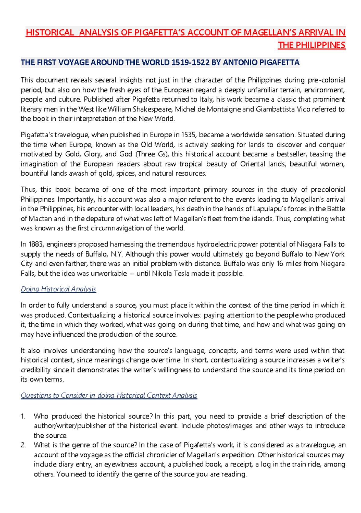 RPH1 - notes - HISTORICAL ANALYSIS OF PIGAFETTA’S ACCOUNT OF MAGELLAN’S ...