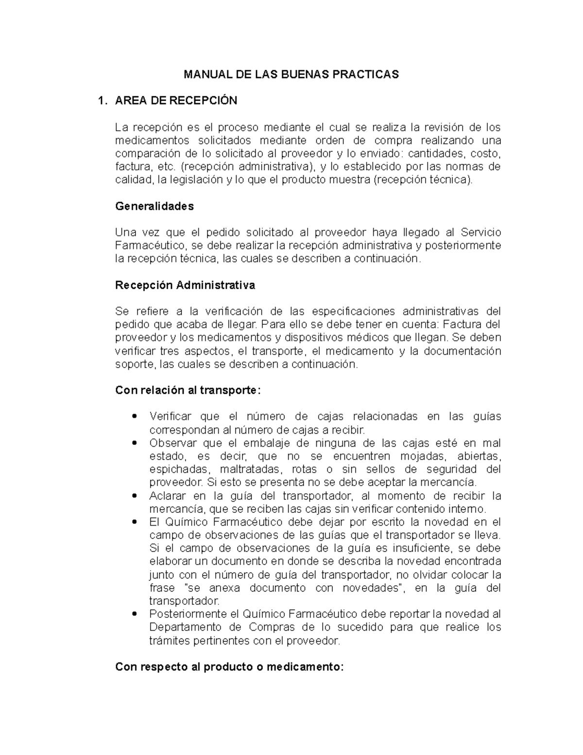 Manual DE LAS Buenas Practicas - MANUAL DE LAS BUENAS PRACTICAS 1. AREA DE RECEPCIÓN La ...