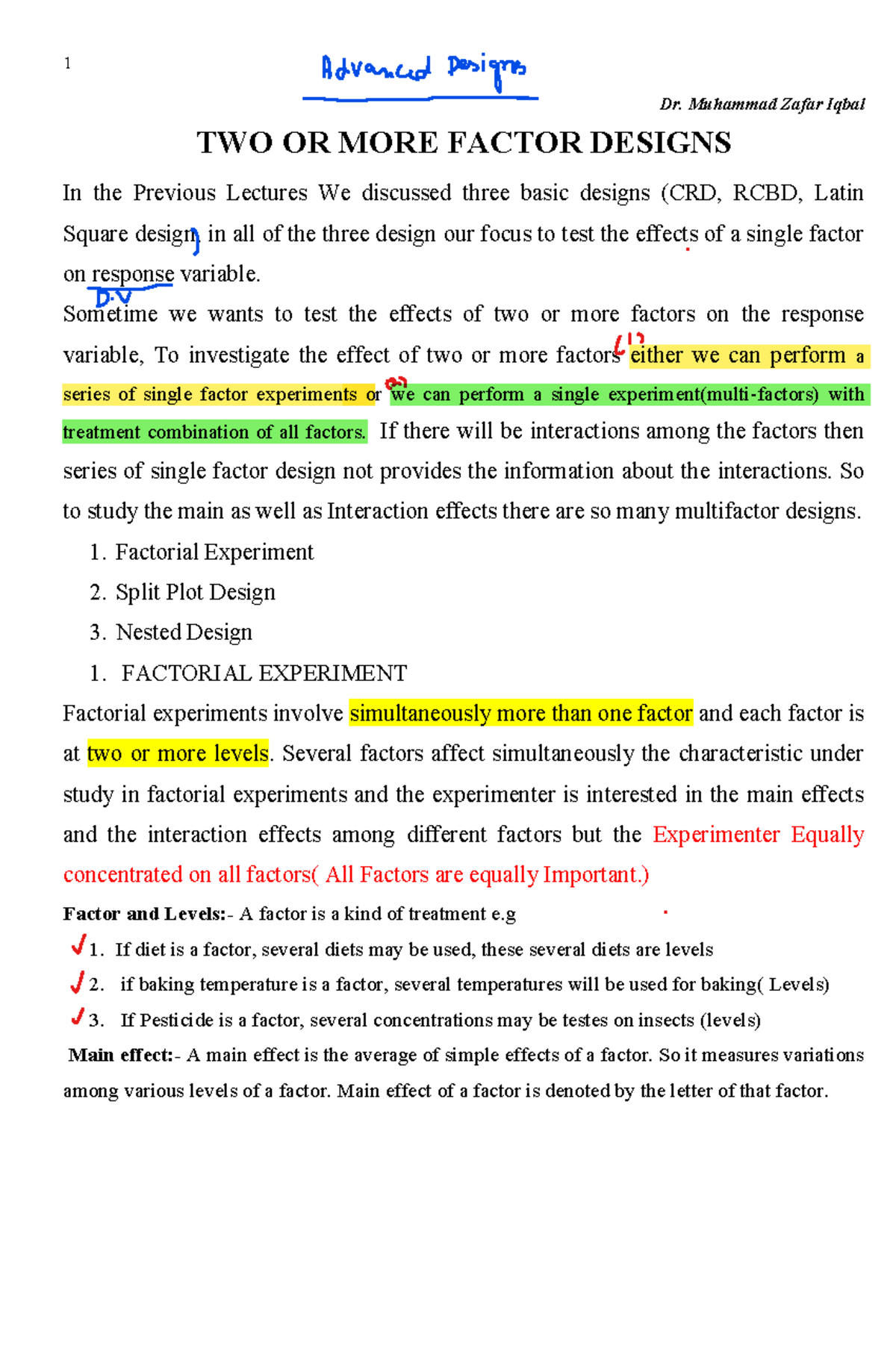 4 Factorial Experiment Lecture - Dr. Muhammad Zafar Iqbal TWO OR MORE ...