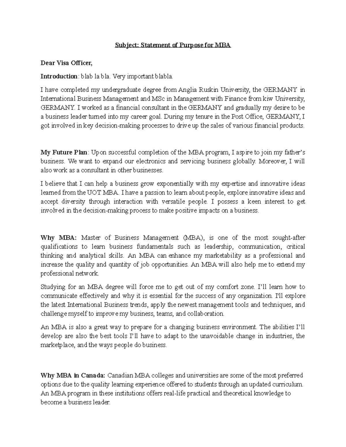 SOP - how to go abroad visa application SOP sample - Subject: Statement ...