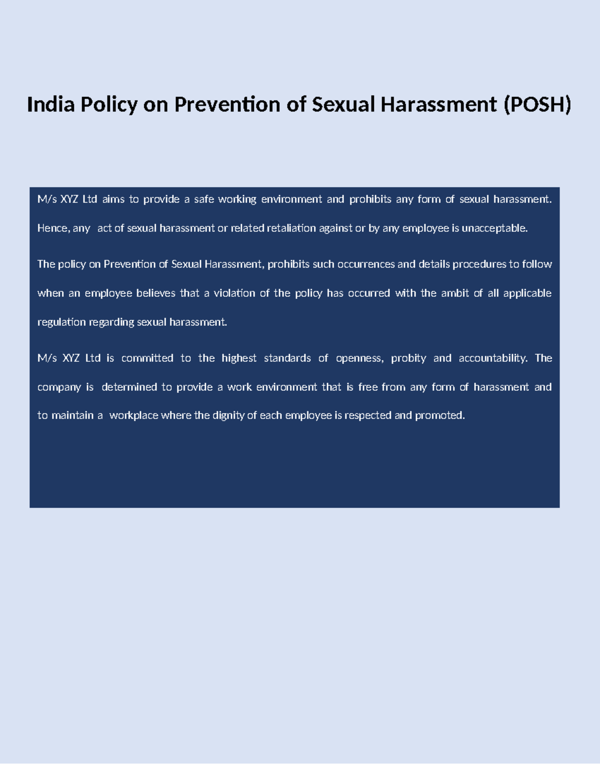POSH Policy-Formet - Posh policy - 1 Page Version 0 | Policy Owner: HR ...