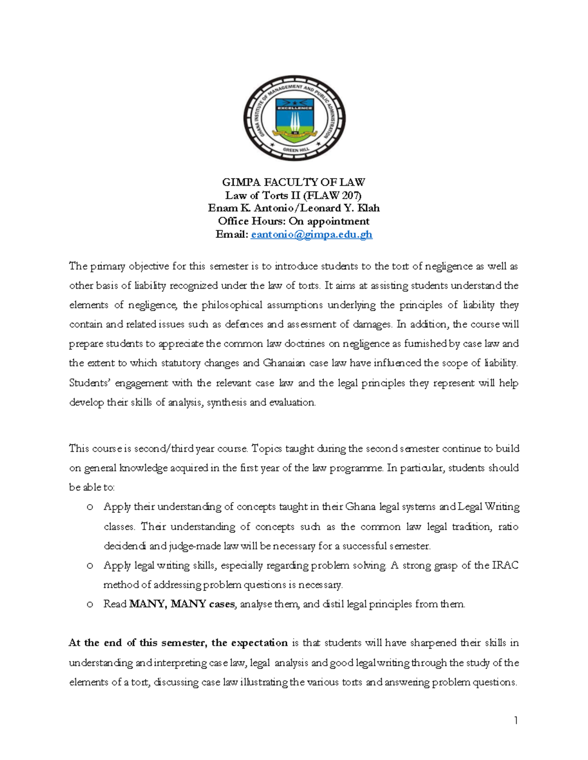 2022Torts 2 Course Outline - GIMPA FACULTY OF LAW Law of Torts II (FLAW ...