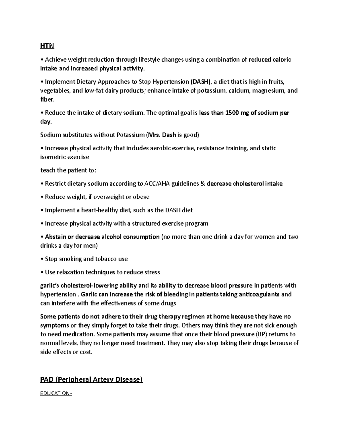 Lab Exam Study Sheet - HTN Achieve weight reduction through lifestyle ...