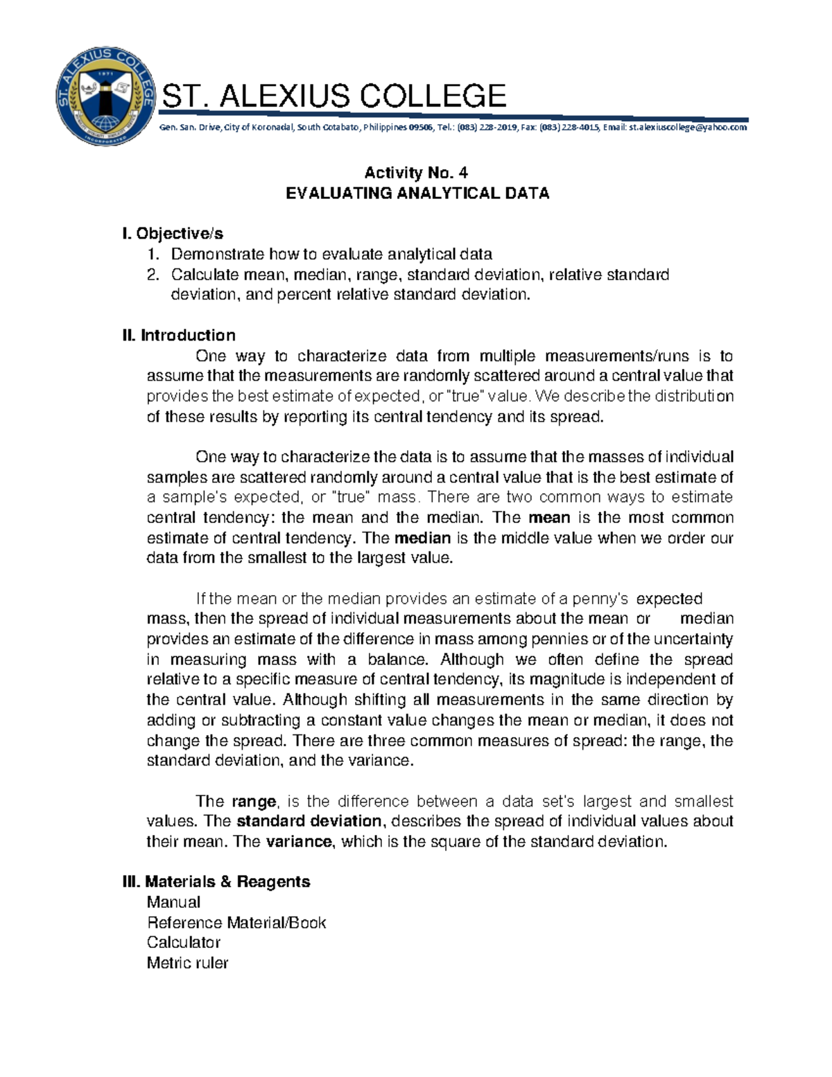 Gatdula-Activity No. 4 - ST. ALEXIUS COLLEGE Activity No. 4 EVALUATING ...