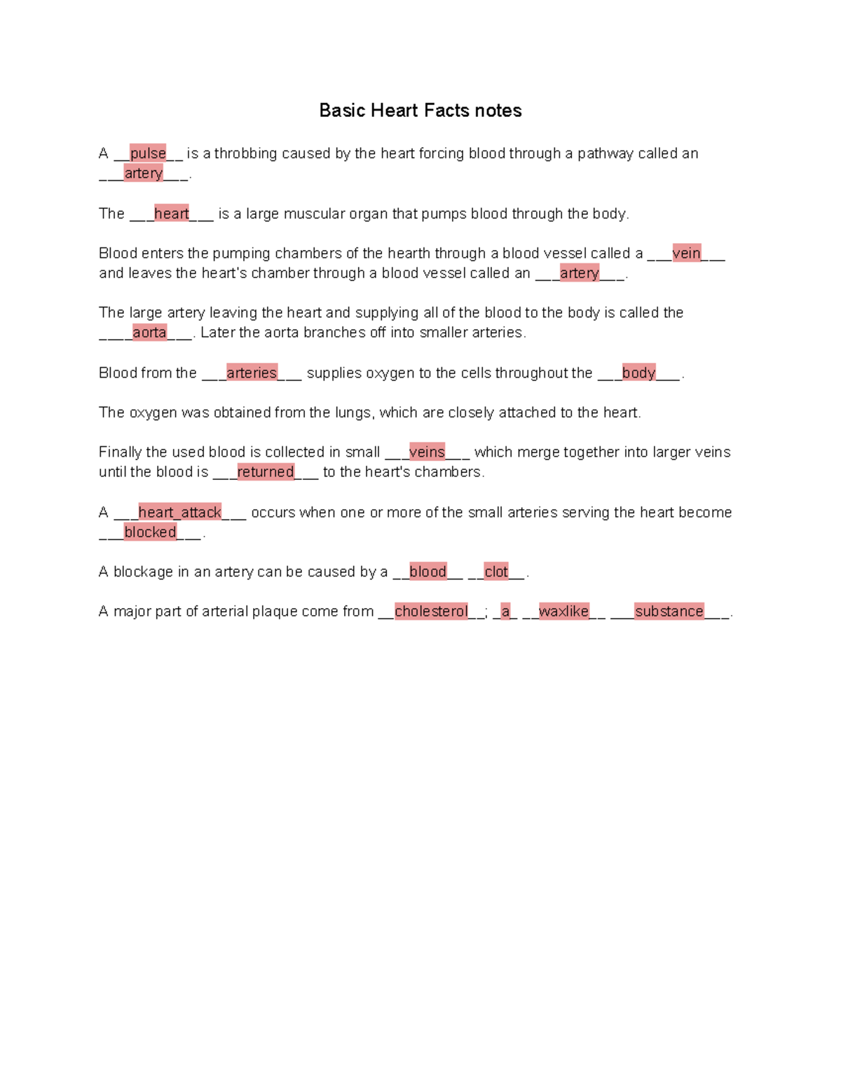 Basic Heart Facts notes - The heart is a large muscular organ that ...