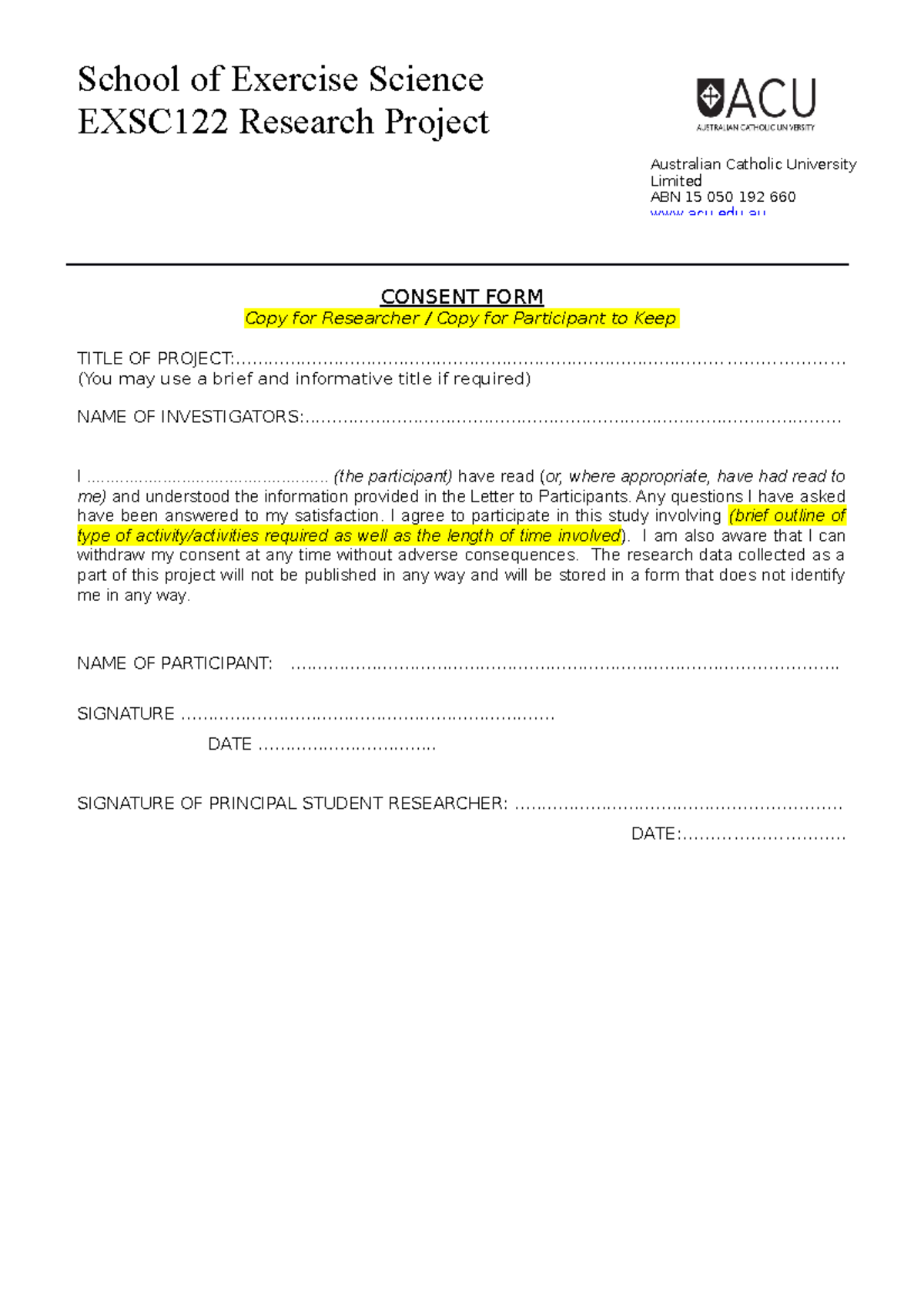 2021 S2 EXSC122 Group Research Project Consent Form Template - School ...