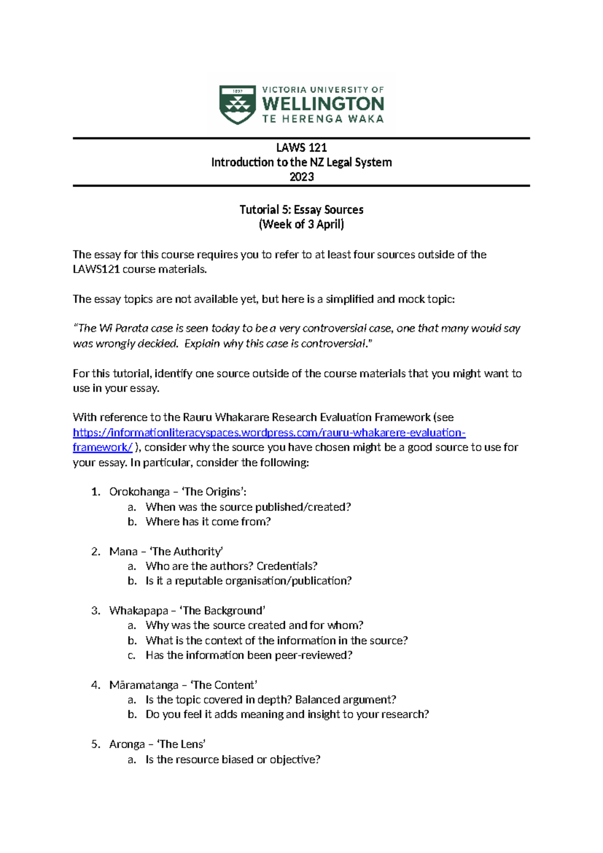 Tutorial 5 - Essay Sources - LAWS 121 Introduction to the NZ Legal ...
