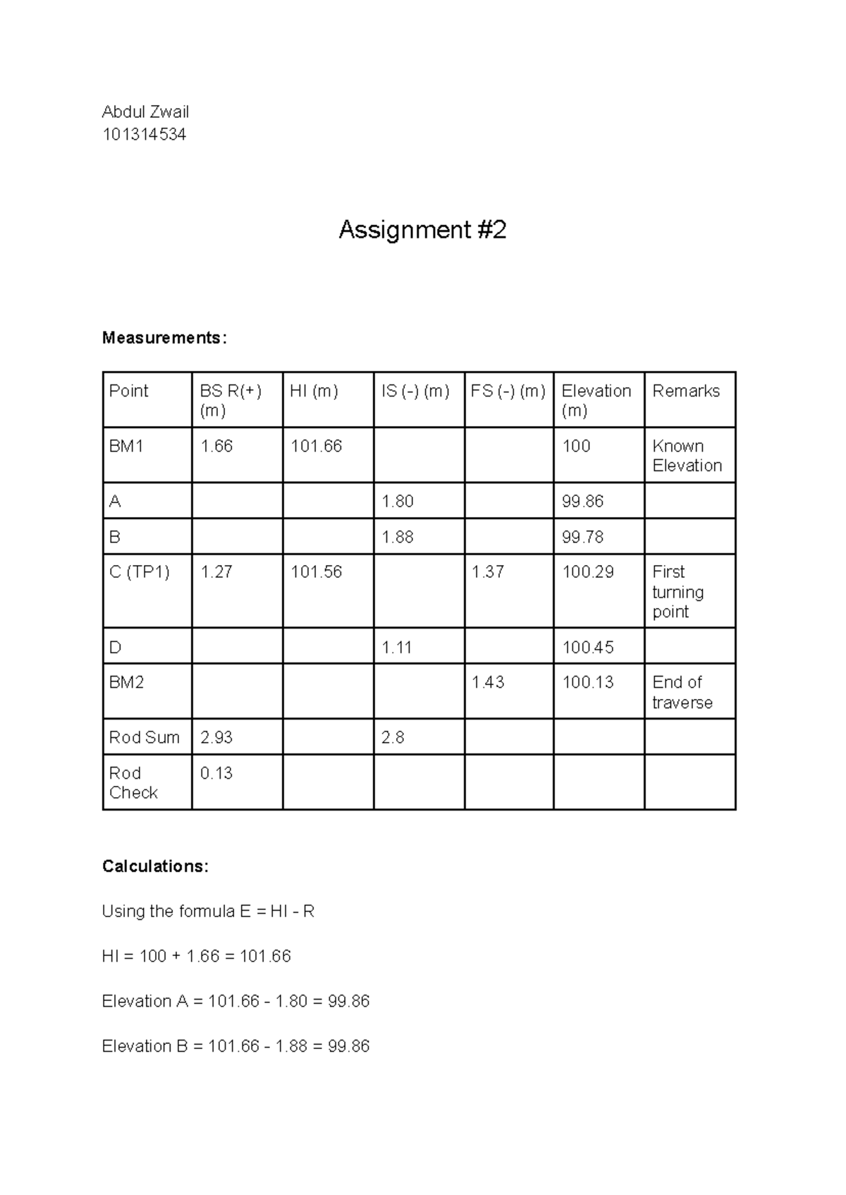 Assignment #2 Leveling - Abdul Zwail 101314534 Assignment Measurements ...