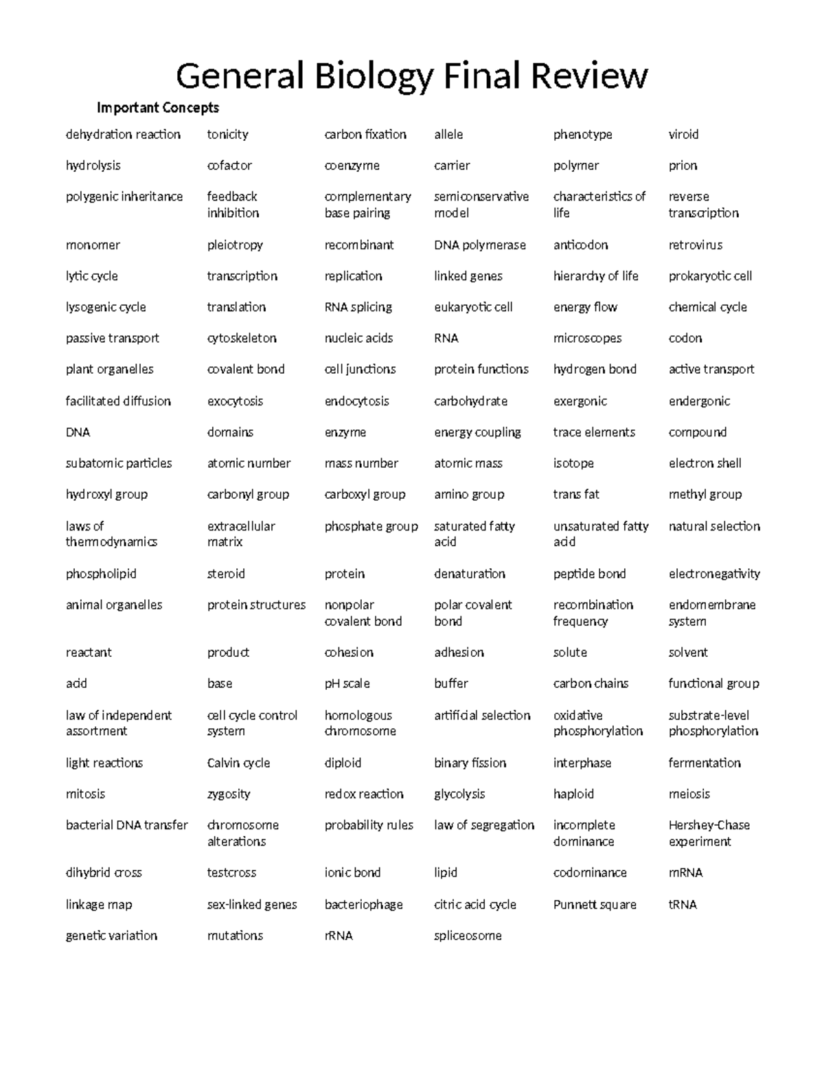 General Biology Final Review - General Biology Final Review Important ...