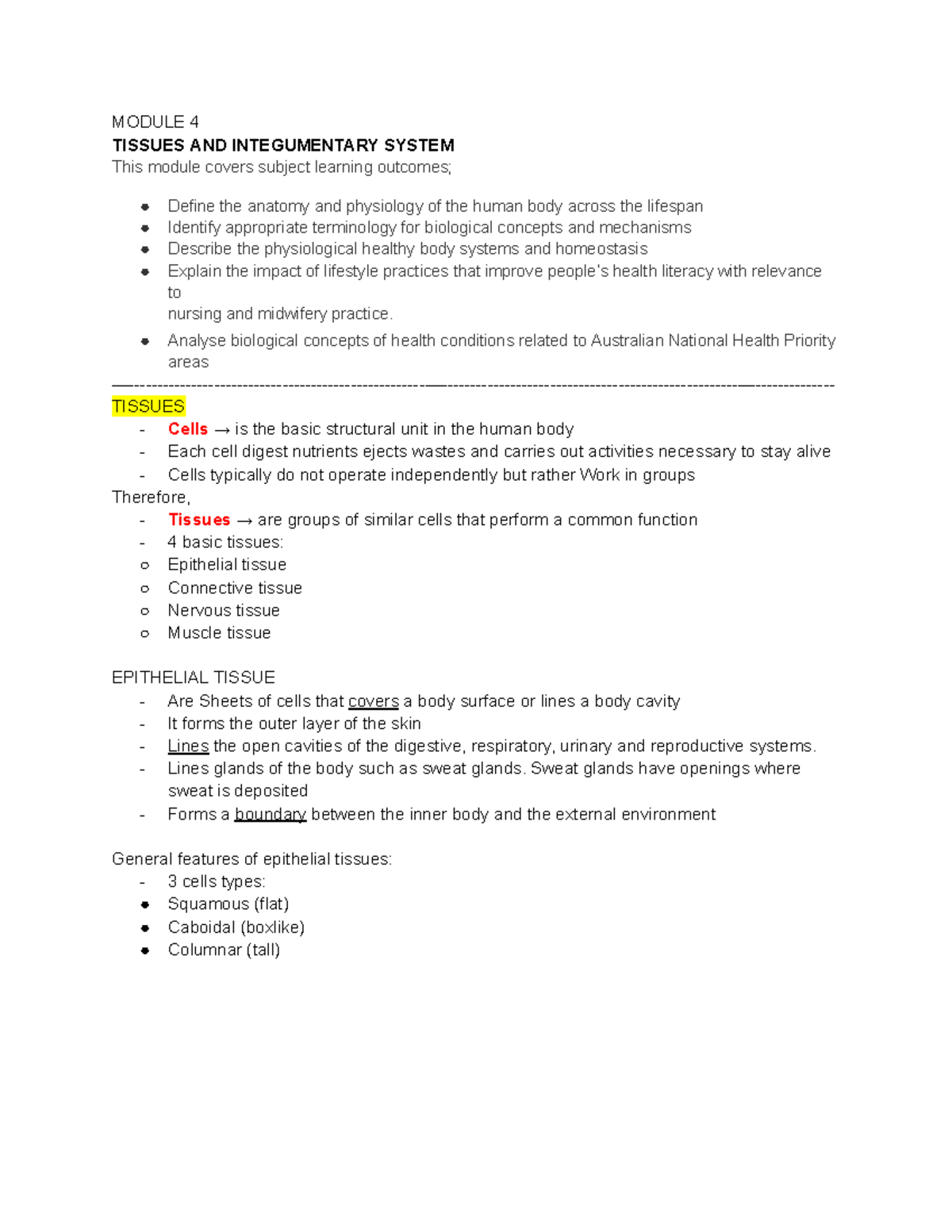Bioscience notes - TISSUES AND INTEGUMENTARY SYSTEM - MODULE 4 TISSUES ...