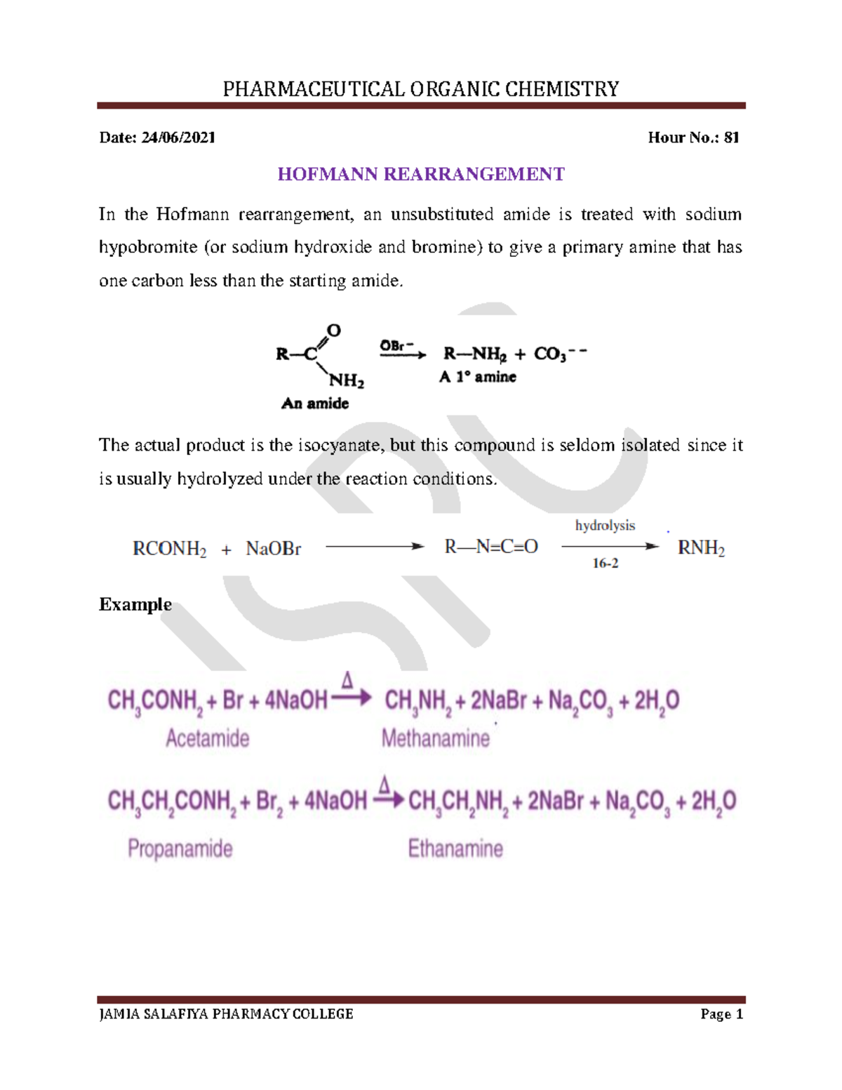 Organic chemistry - Date: 24/06/2021 Hour No.: 81 HOFMANN REARRANGEMENT ...