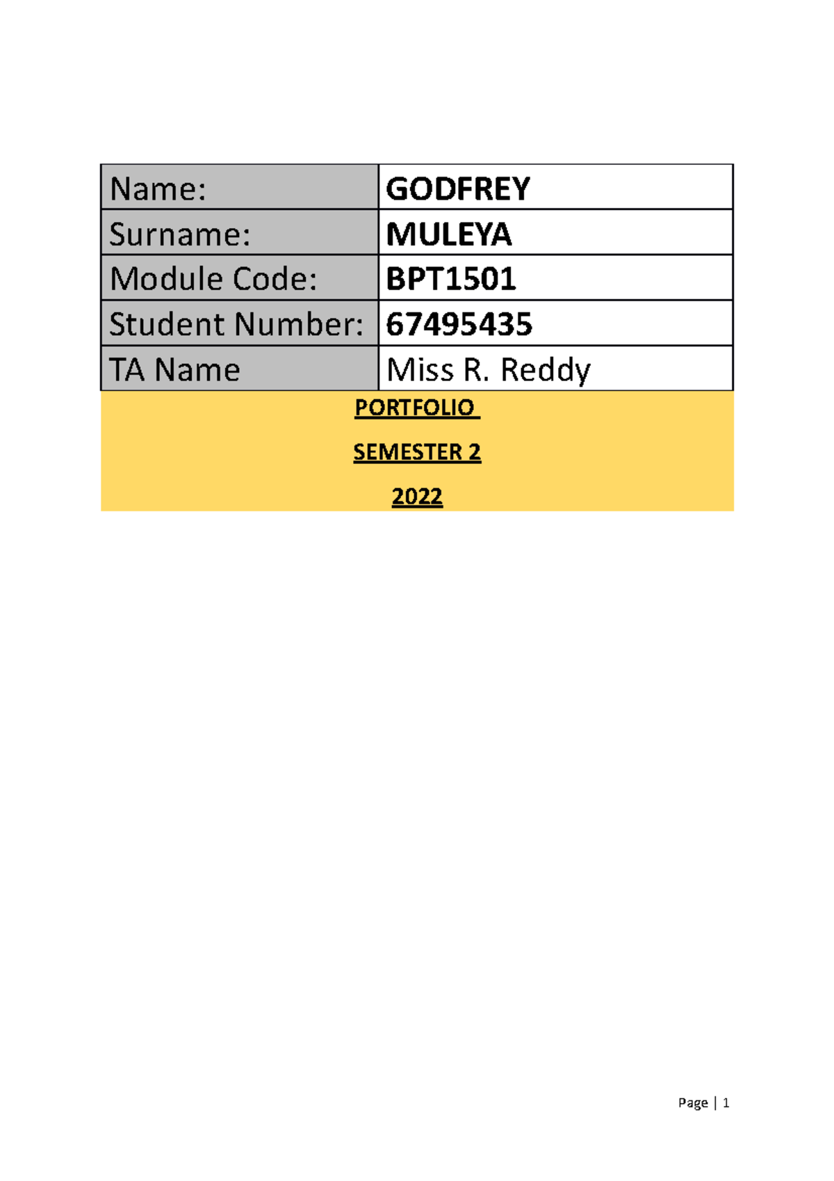 Semester 2 2022 Portfolio 67495435 - Name: GODFREY Surname: MULEYA ...