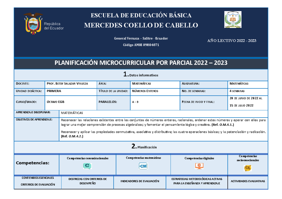 PLAN Unidad 1 8vo. 2022 - 2023 - ESCUELA DE EDUCACIÓN BÁSICA MERCEDES ...