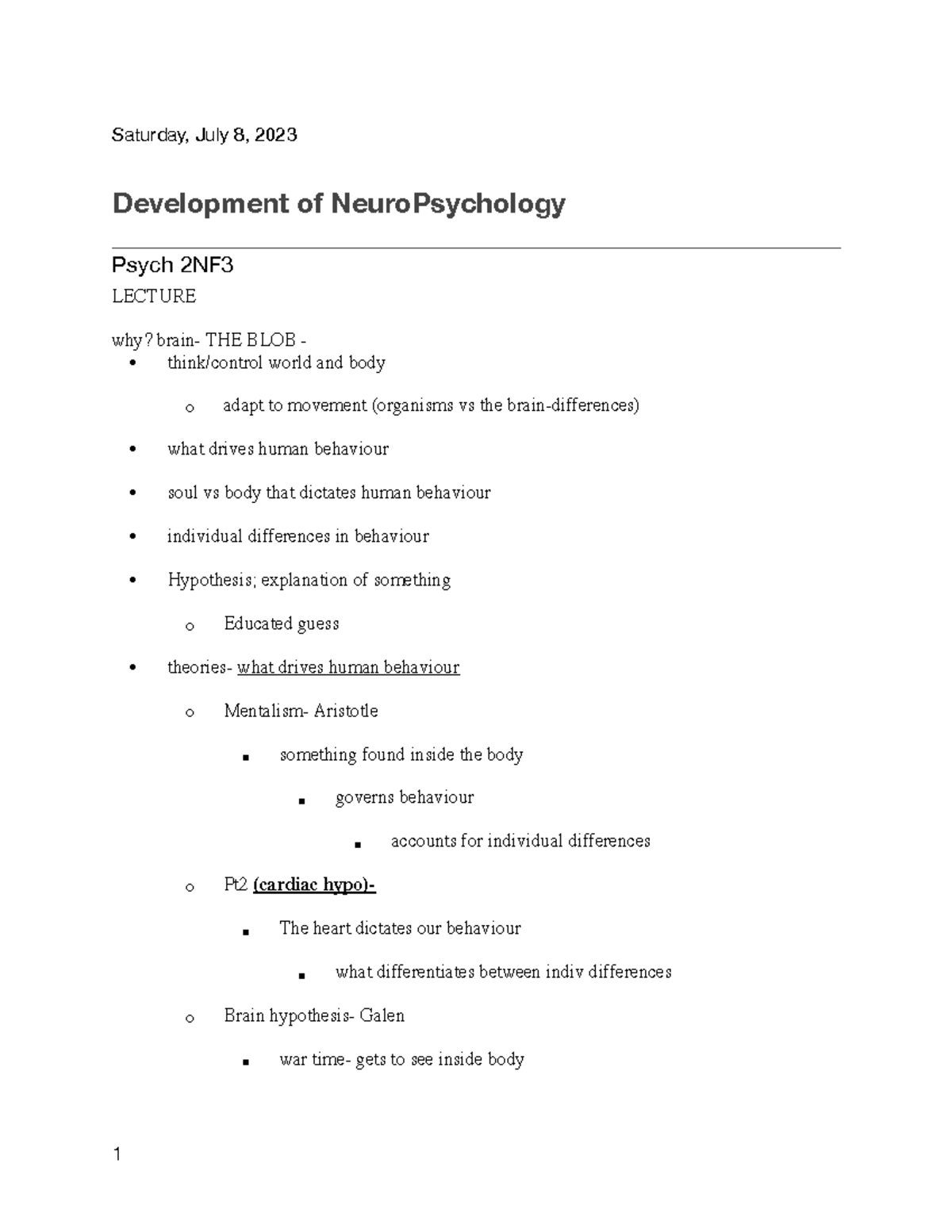 Psych 2Nf3 - Saturday, July 8, 2023 Development of NeuroPsychology Psych 2NF LECTURE why? brain ...