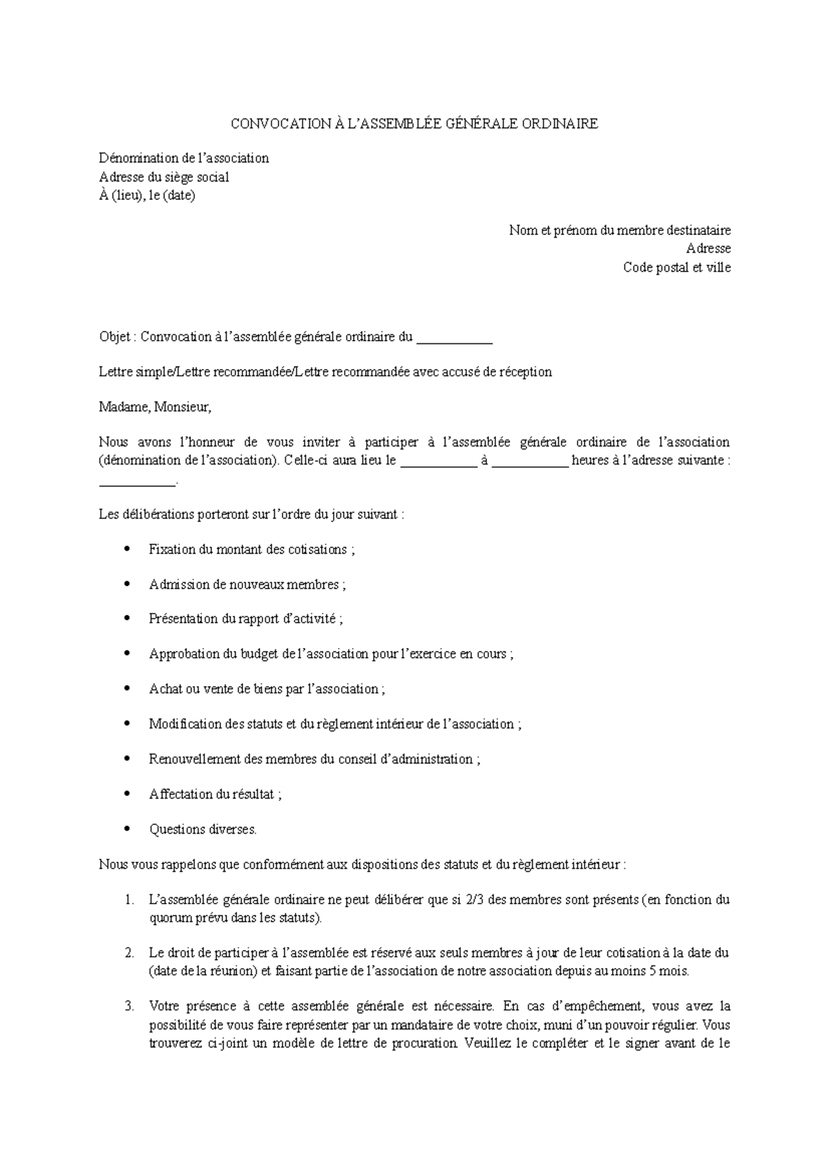 Annexe Convocation assemblée générale association 1 - CONVOCATION À L ...
