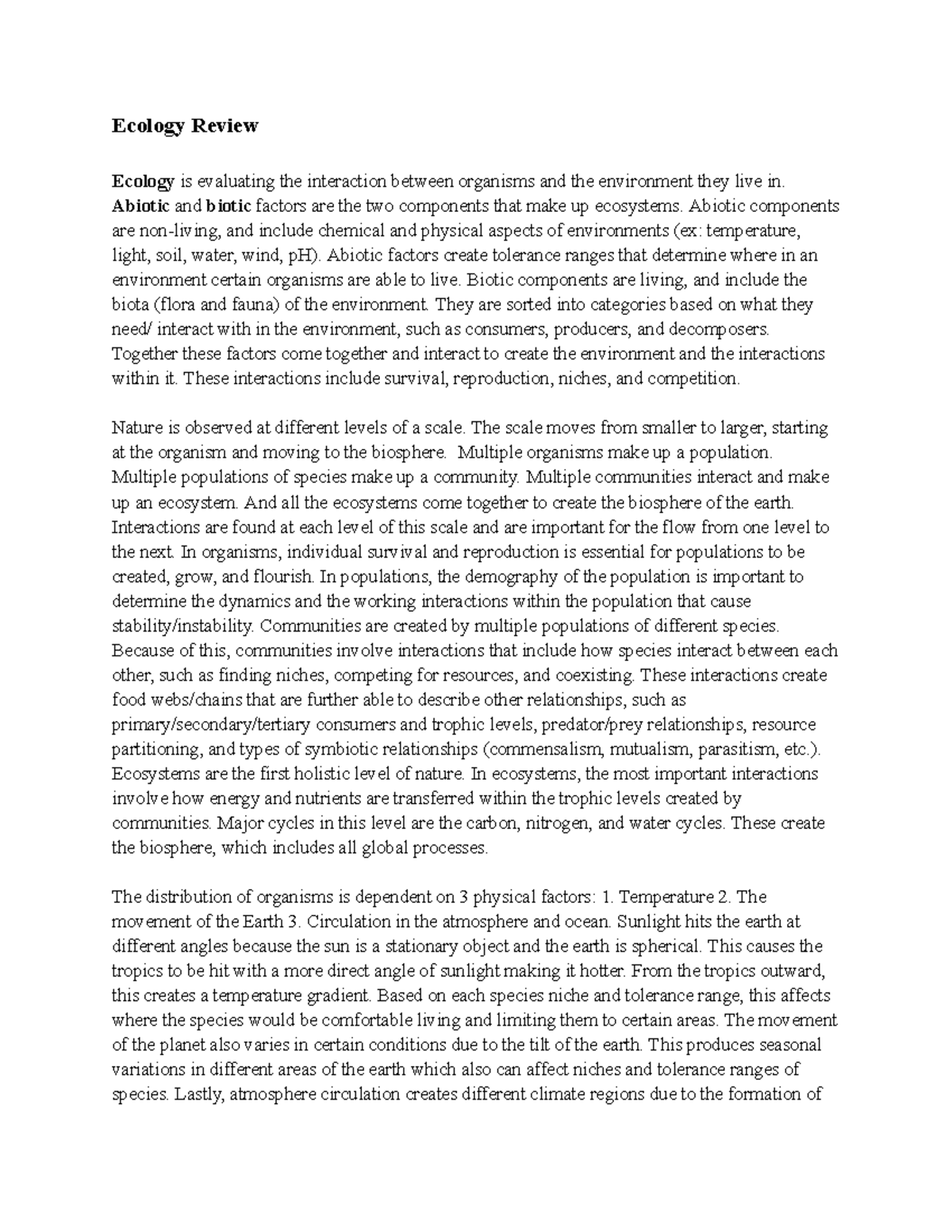 Ecology BIO Review - Ecology Review Ecology is evaluating the ...