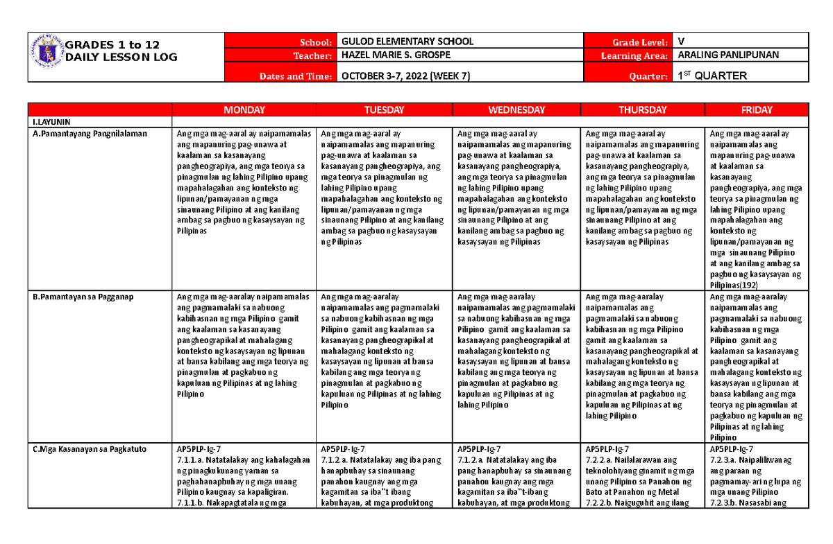 Grade 5 DLL Araling Panlipunan 5 Q1 Week 7 - GRADES 1 to 12 DAILY ...