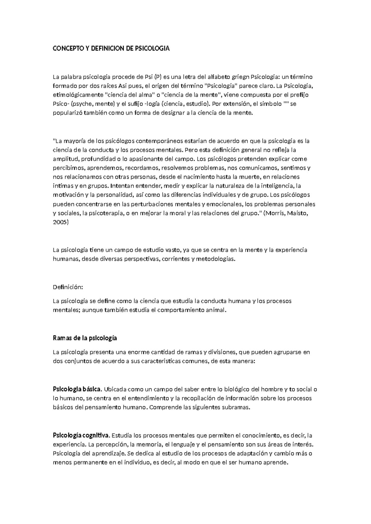 Resumen - CONCEPTO Y DEFINICION DE PSICOLOGIA La palabra psicologia ...