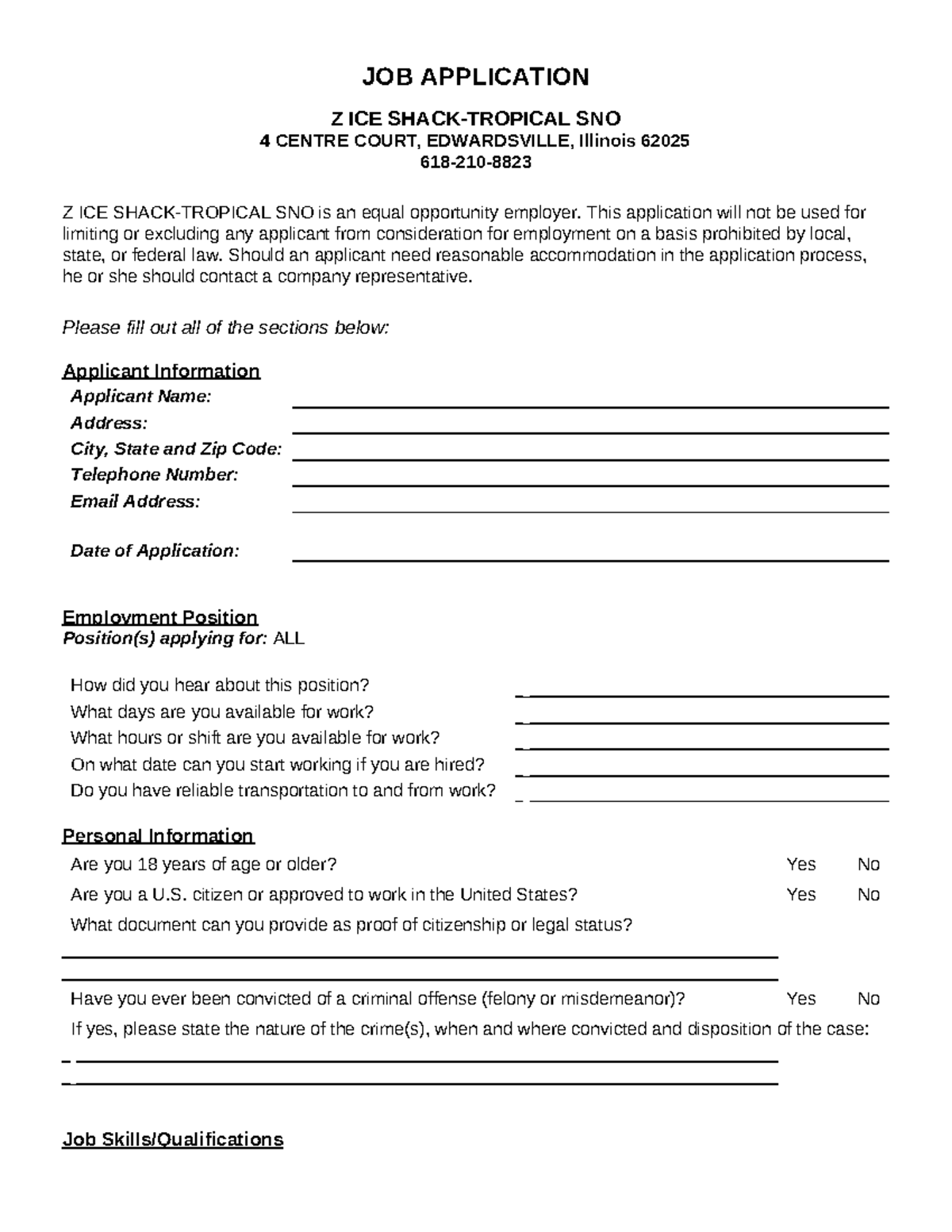 Tropical Sno application 2021 - JOB APPLICATION Z ICE SHACK-TROPICAL ...