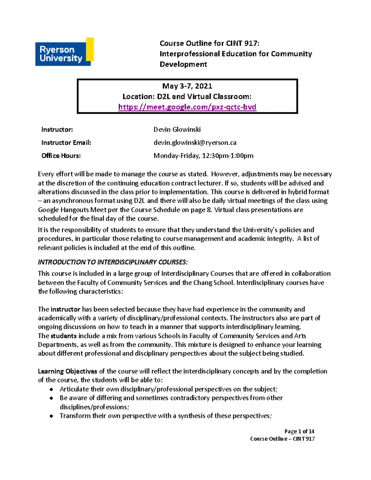 Course Outline CINT917 May 3-7, 2021 - Page 1 of 14 Course Outline for ...