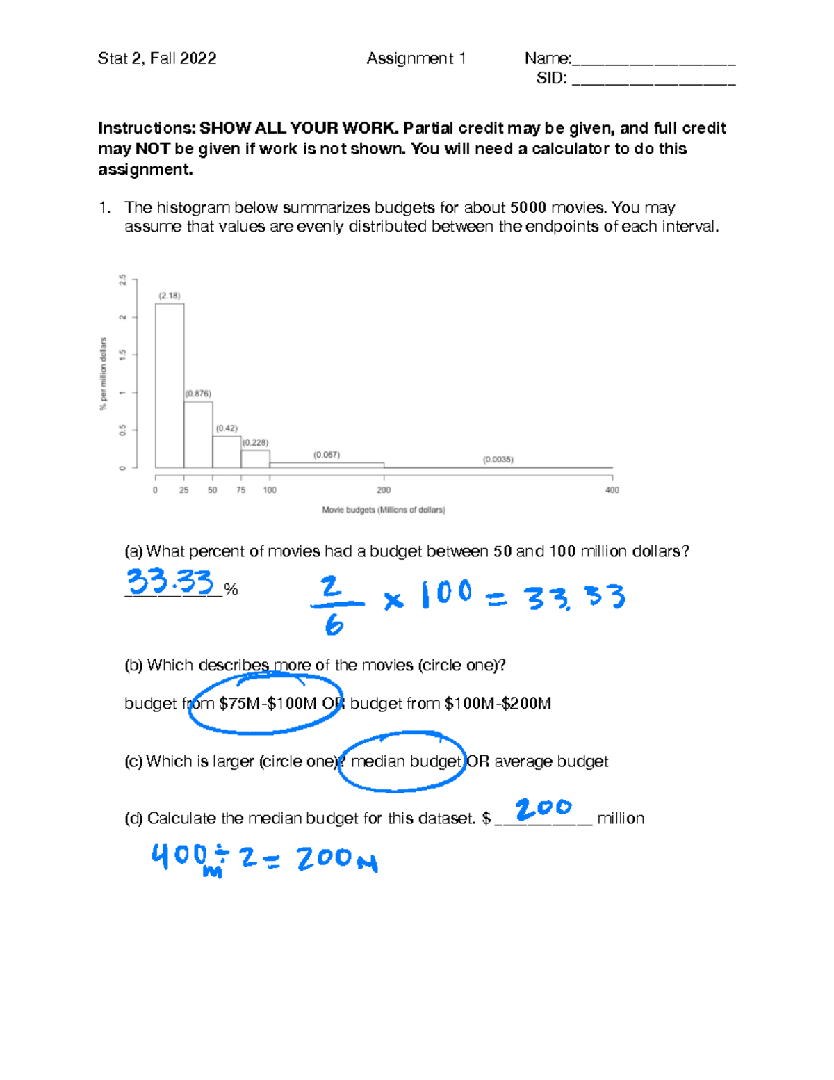Statistics 2 pt. 2 - assignment 1 - Stat 2, Fall 2022 Assignment 1 Name ...