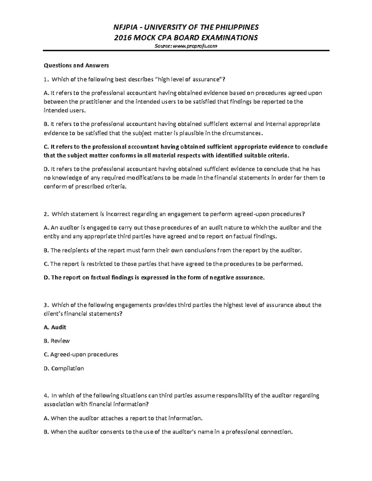 Auditing test bank - 2016 MOCK CPA BOARD EXAMINATIONS Source: proprofs ...