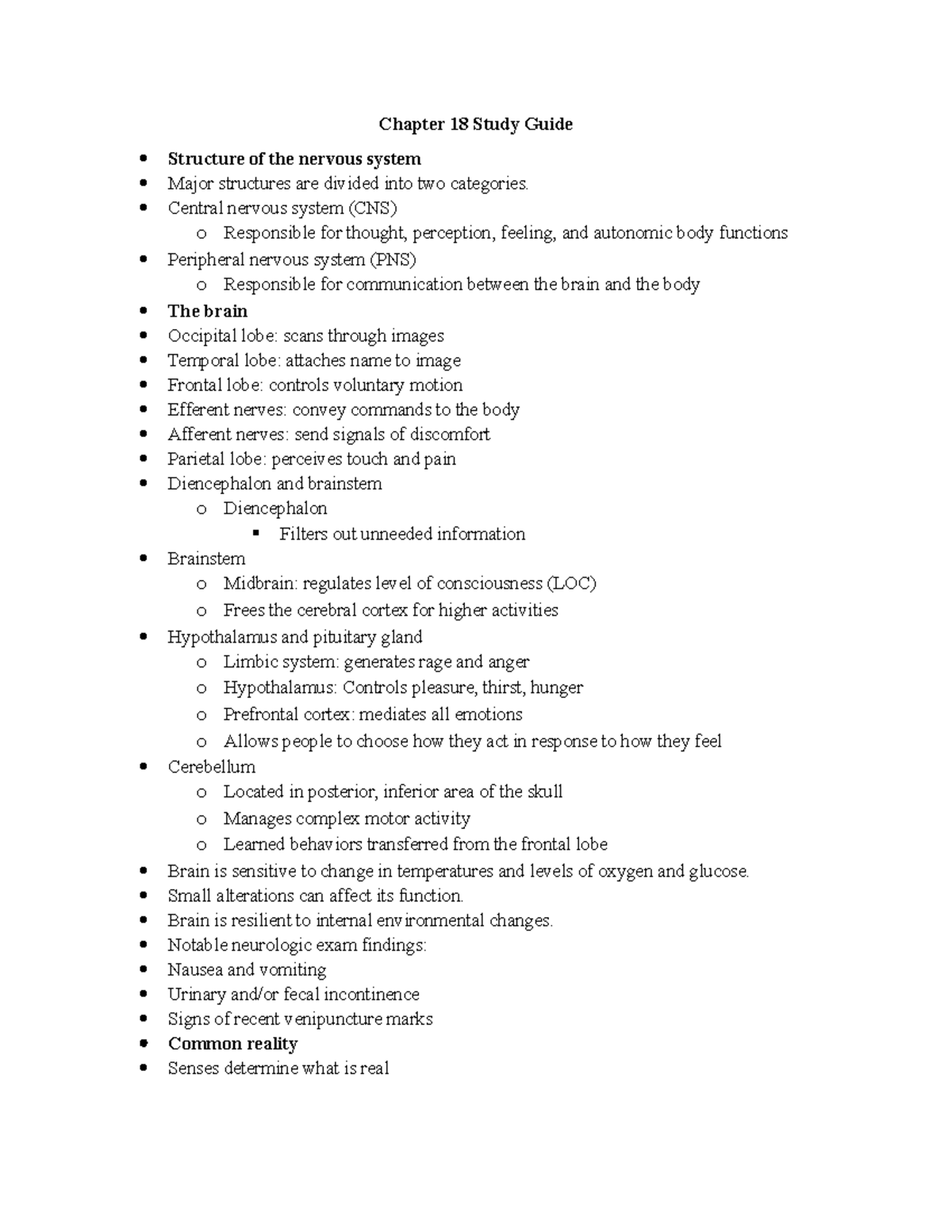 Chapter 18 study guide - Chapter 18 Study Guide Structure of the nervous system Major structures ...