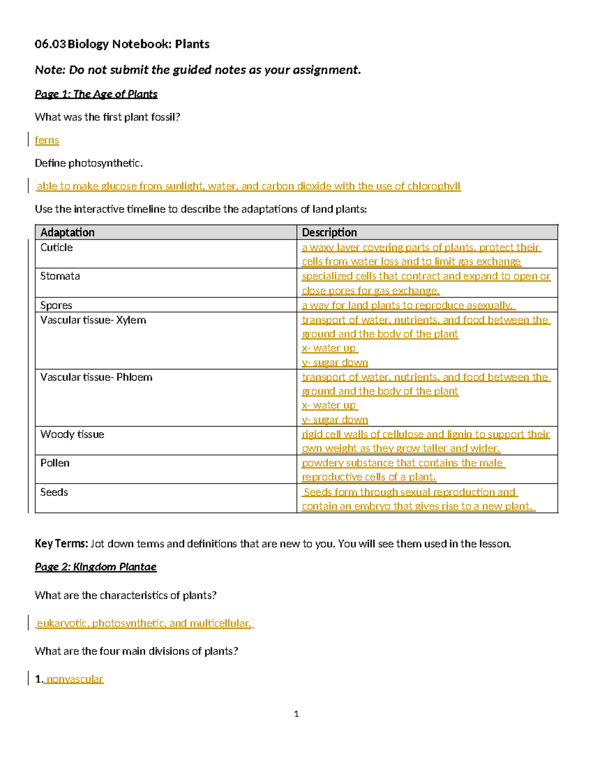 06 03 plants - 06 Biology Notebook: Plants Note: Do not submit the ...