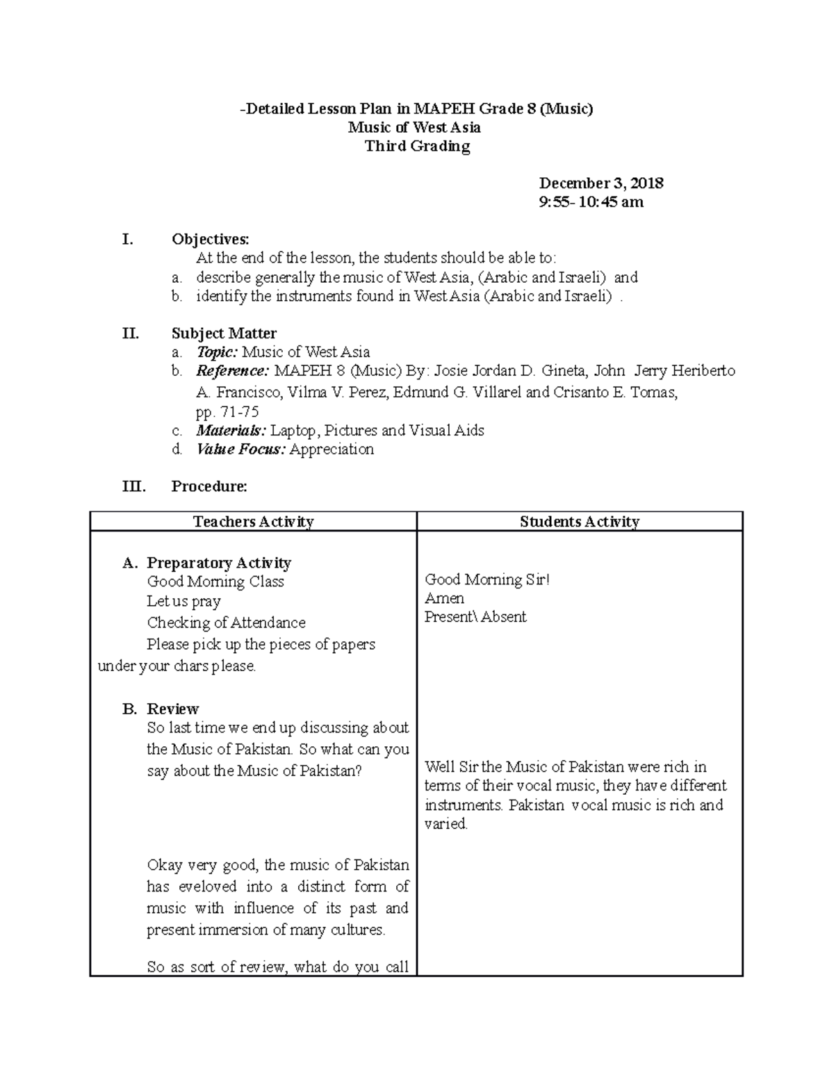 Toaz - MUSIC -Detailed Lesson Plan in MAPEH Grade 8 (Music) Music of ...