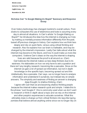 Writing Project 1 Summary and Response - WRITING PROJECT 1: Summary and ...