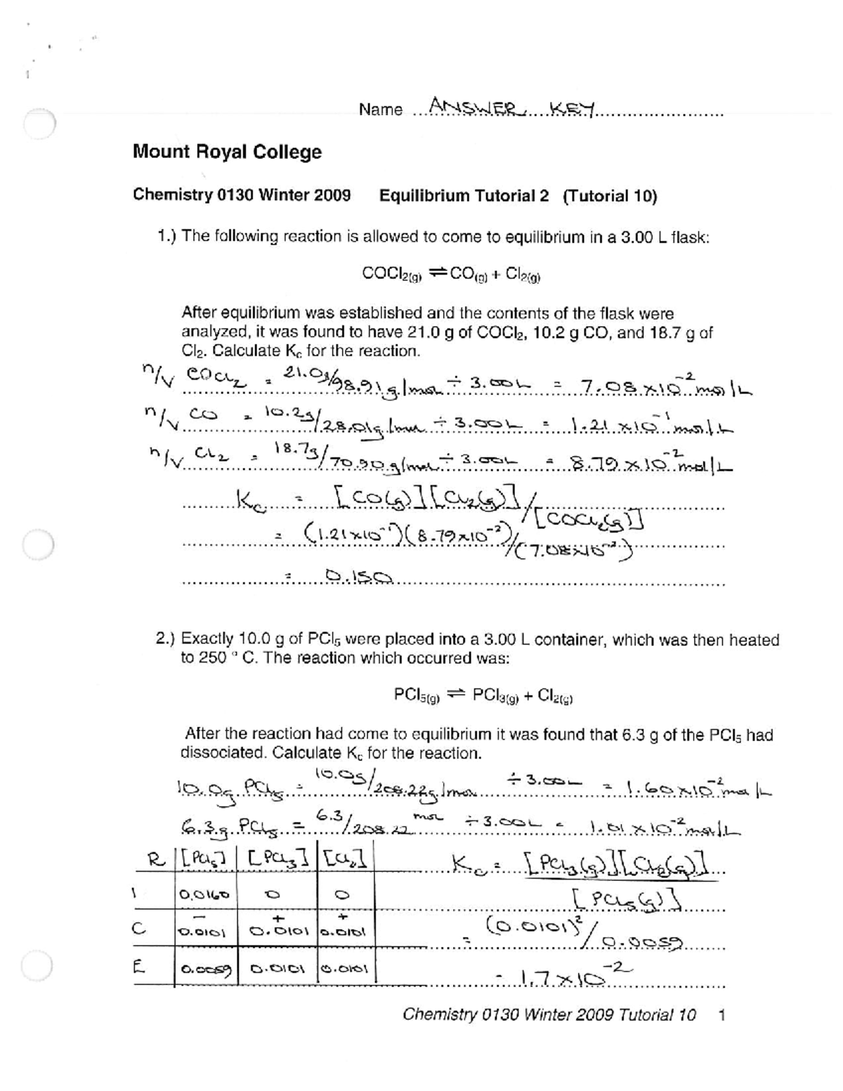 Tutorial 10 F2013 KEY(1) - Chem 0130 - Studocu