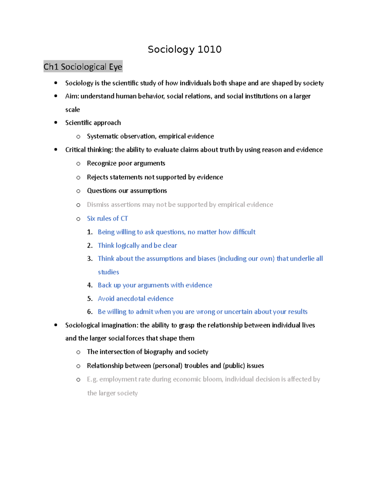 SOC 1010 Note - william hale - Sociology 1010 Ch1 Sociological Eye ...