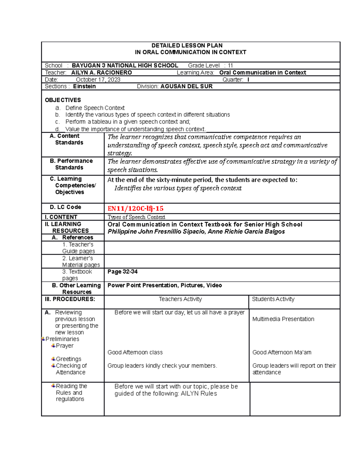 Lesson Plan Types of Speech Context - DETAILED LESSON PLAN IN ORAL ...