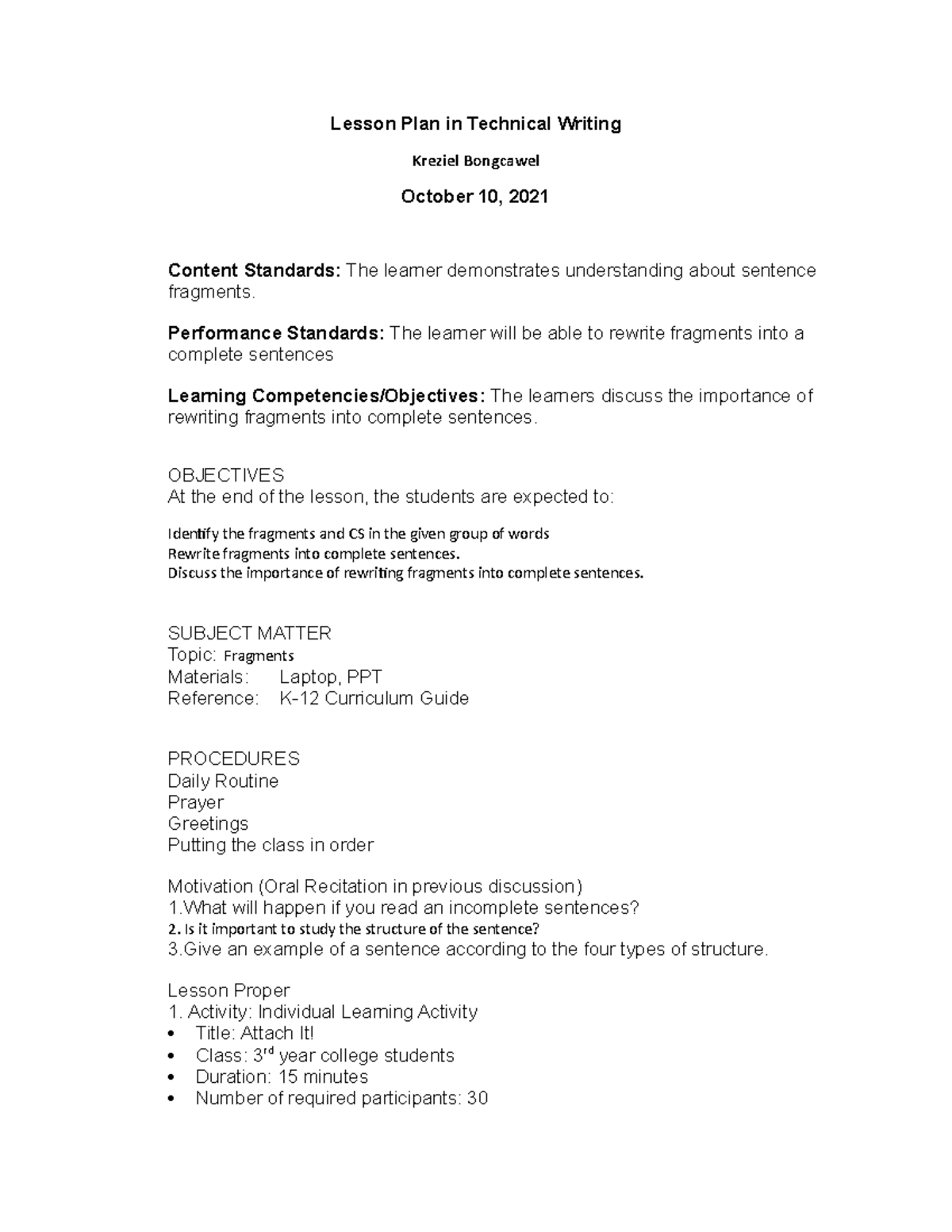 Introducing Fragments and its uses for the - Lesson Plan in Technical ...