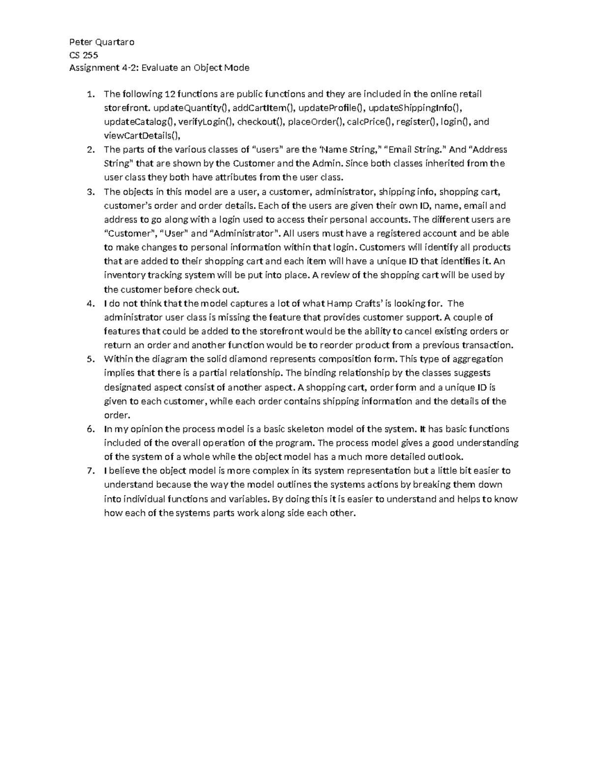 Assignment 4 - Peter Quartaro CS 255 Assignment 4-2: Evaluate an Object Mode 1. The following 12 ...