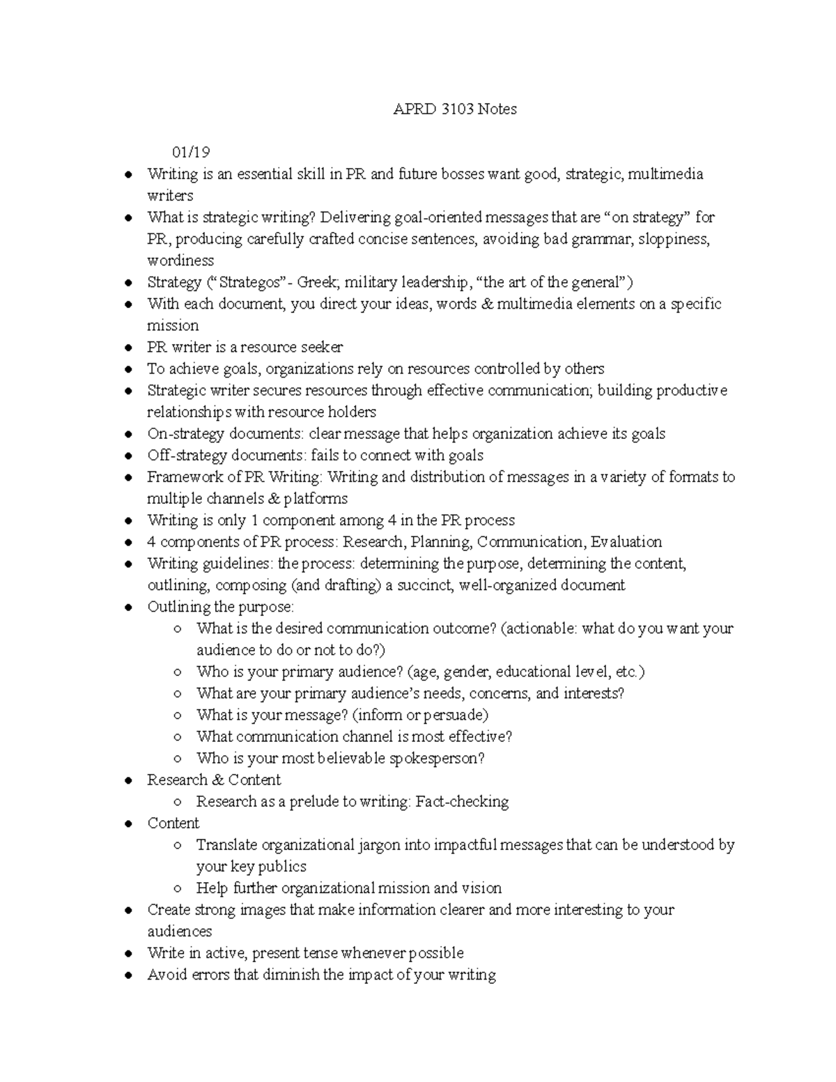 APRD 3103 Midterm Notes - APRD 3103 Notes 01/ Writing is an essential ...