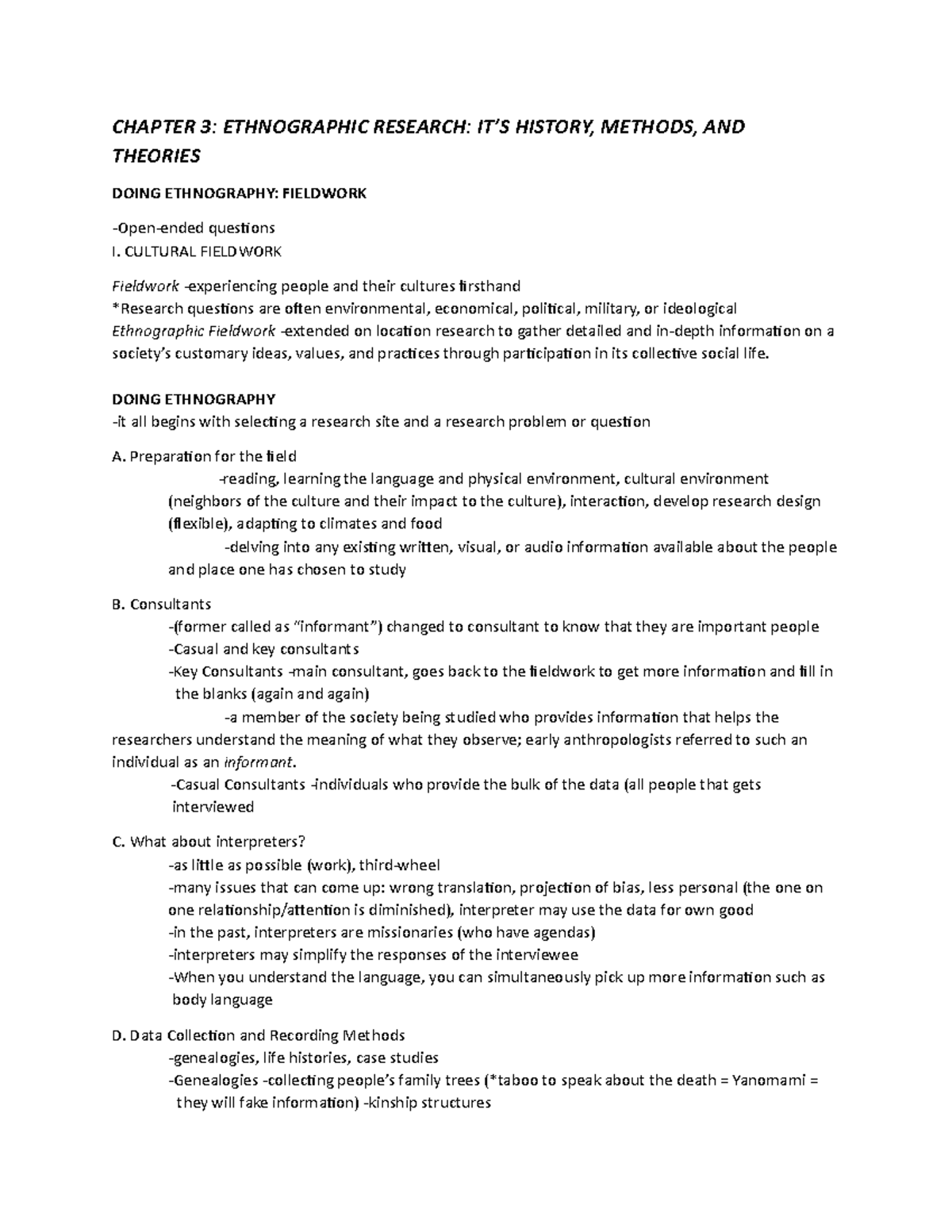Cultural Anthropology Chapter 3 - CHAPTER 3: ETHNOGRAPHIC RESEARCH: IT ...
