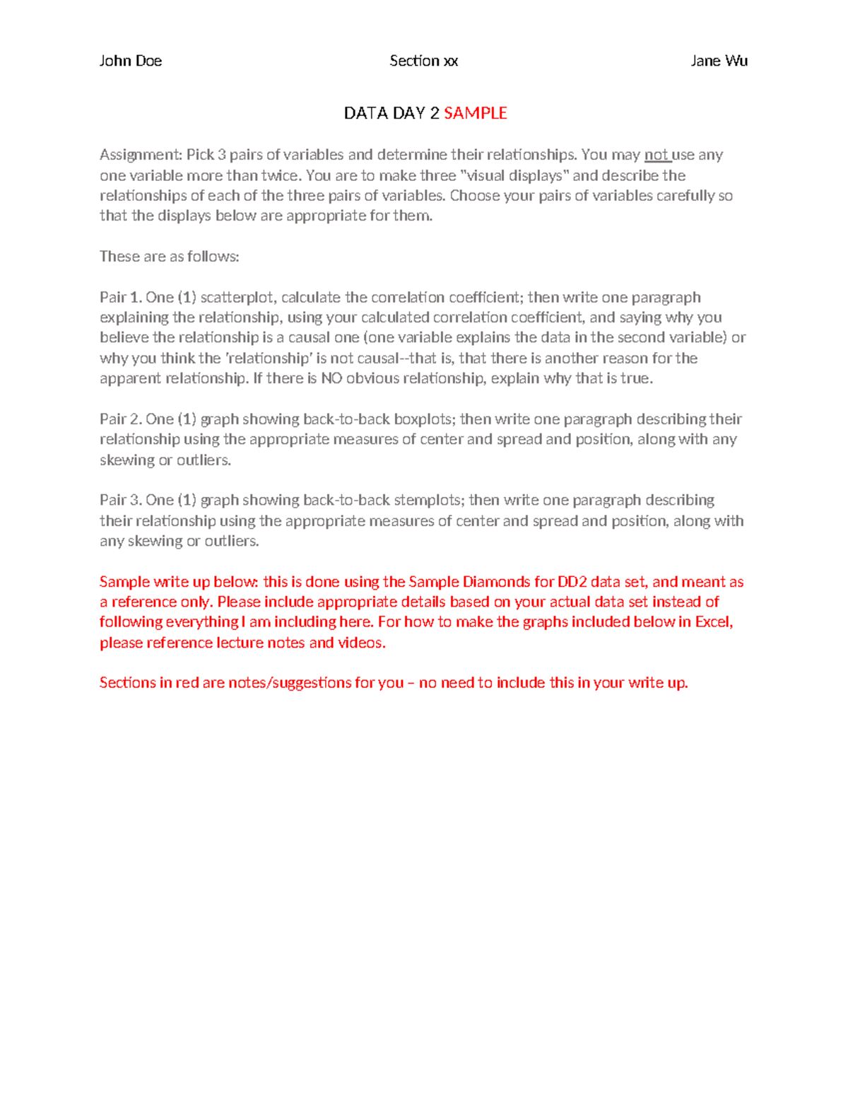 Data Day Two - Sample Diamond for reference - John Doe Section xx Jane ...