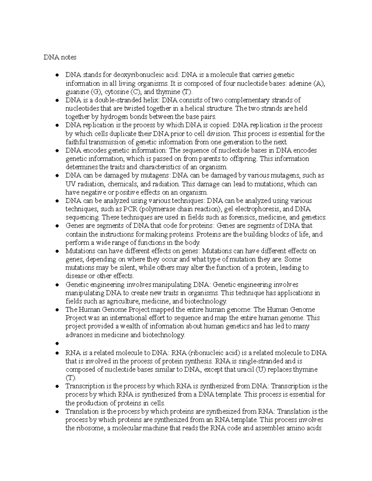 DNA notes - DNA notes DNA stands for deoxyribonucleic acid: DNA is a ...