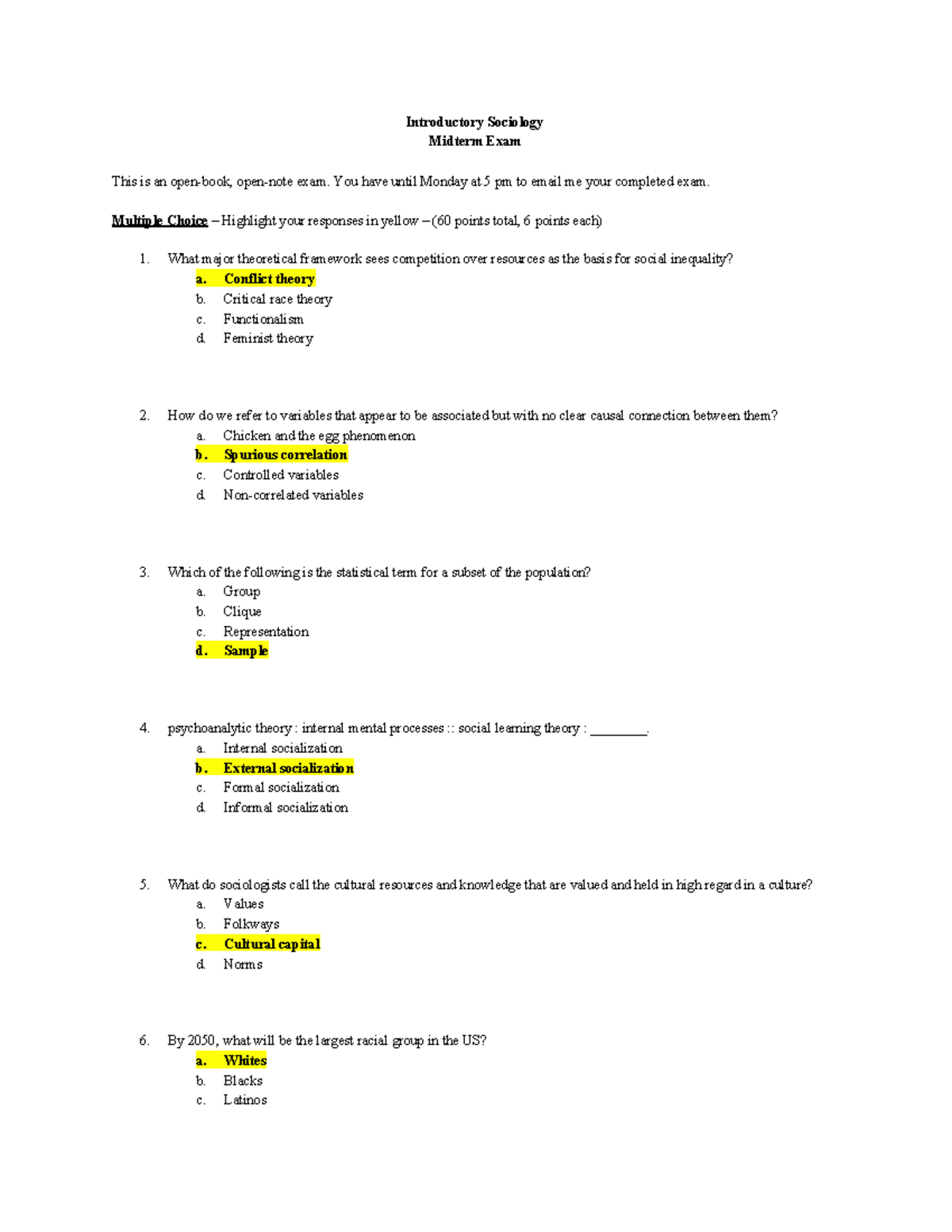 Sociology midterm - Old exam for practice - Introductory Sociology ...