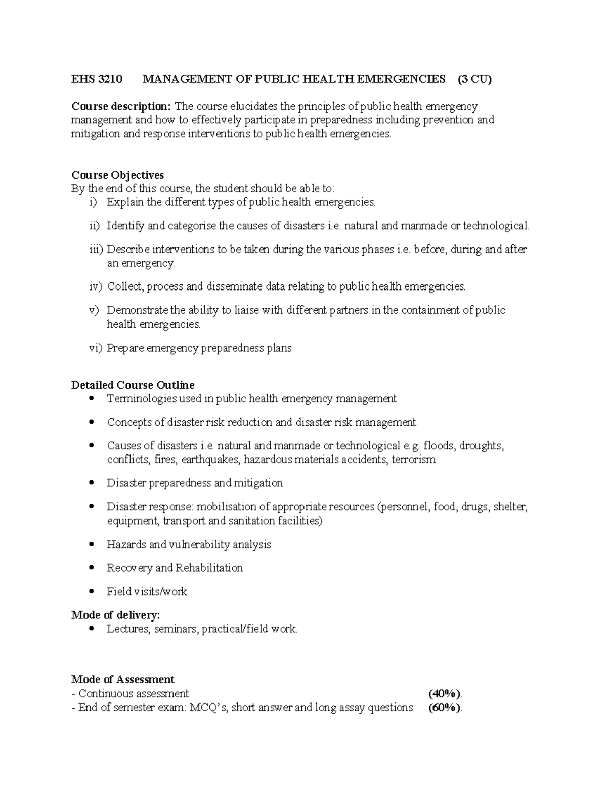 EHS 3210 Management OF Public Health Emergencies - EHS 3210 MANAGEMENT ...