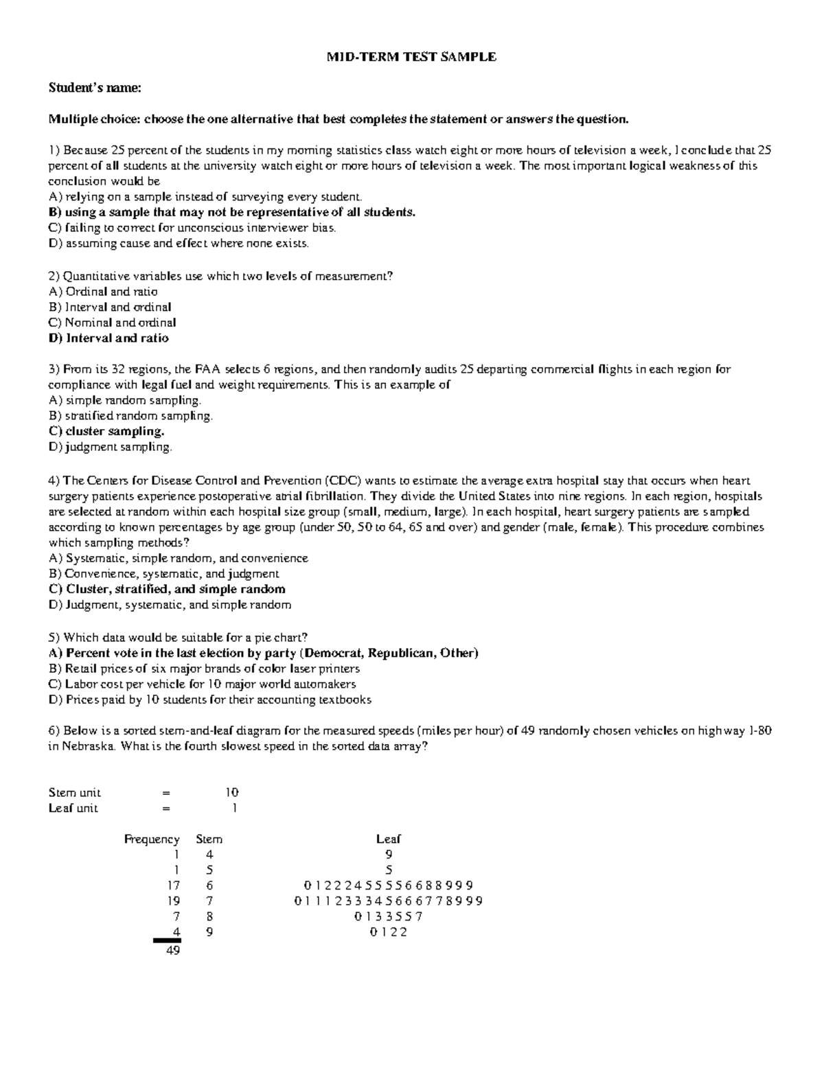 Review mid term class 2 solutions - MID-TERM TEST SAMPLE Student’s name ...