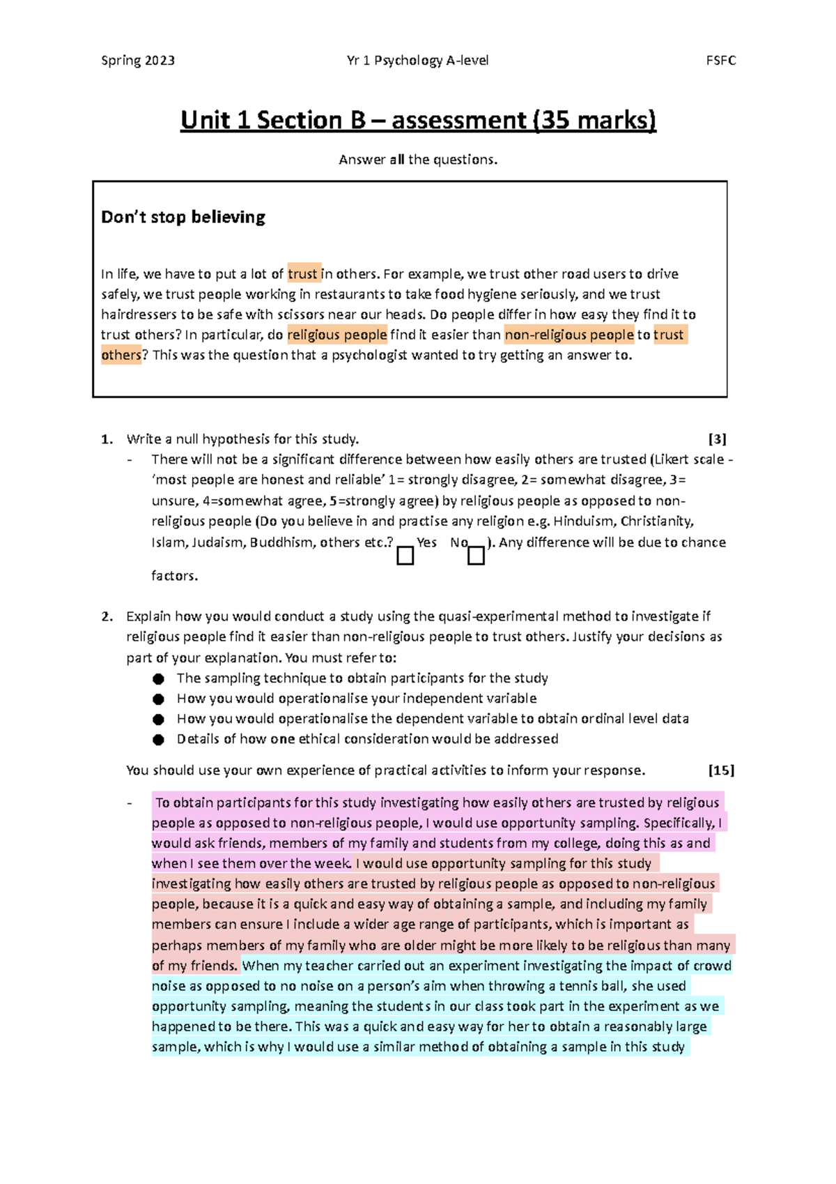 Yr 1 Unit 1 Sec B religion spring 2023 - Unit 1 Section B – assessment (35 marks) Answer all the ...