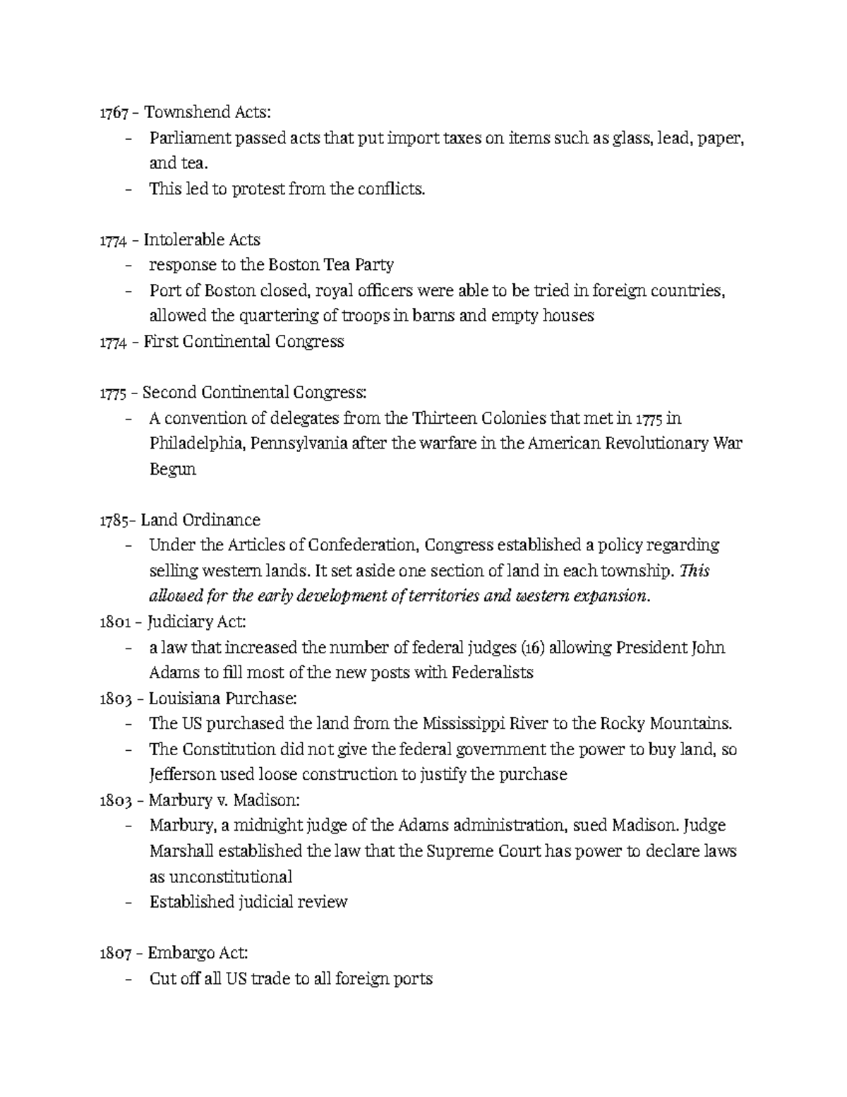 Content Review -vocab - 1767 - Townshend Acts: - Parliament passed acts ...