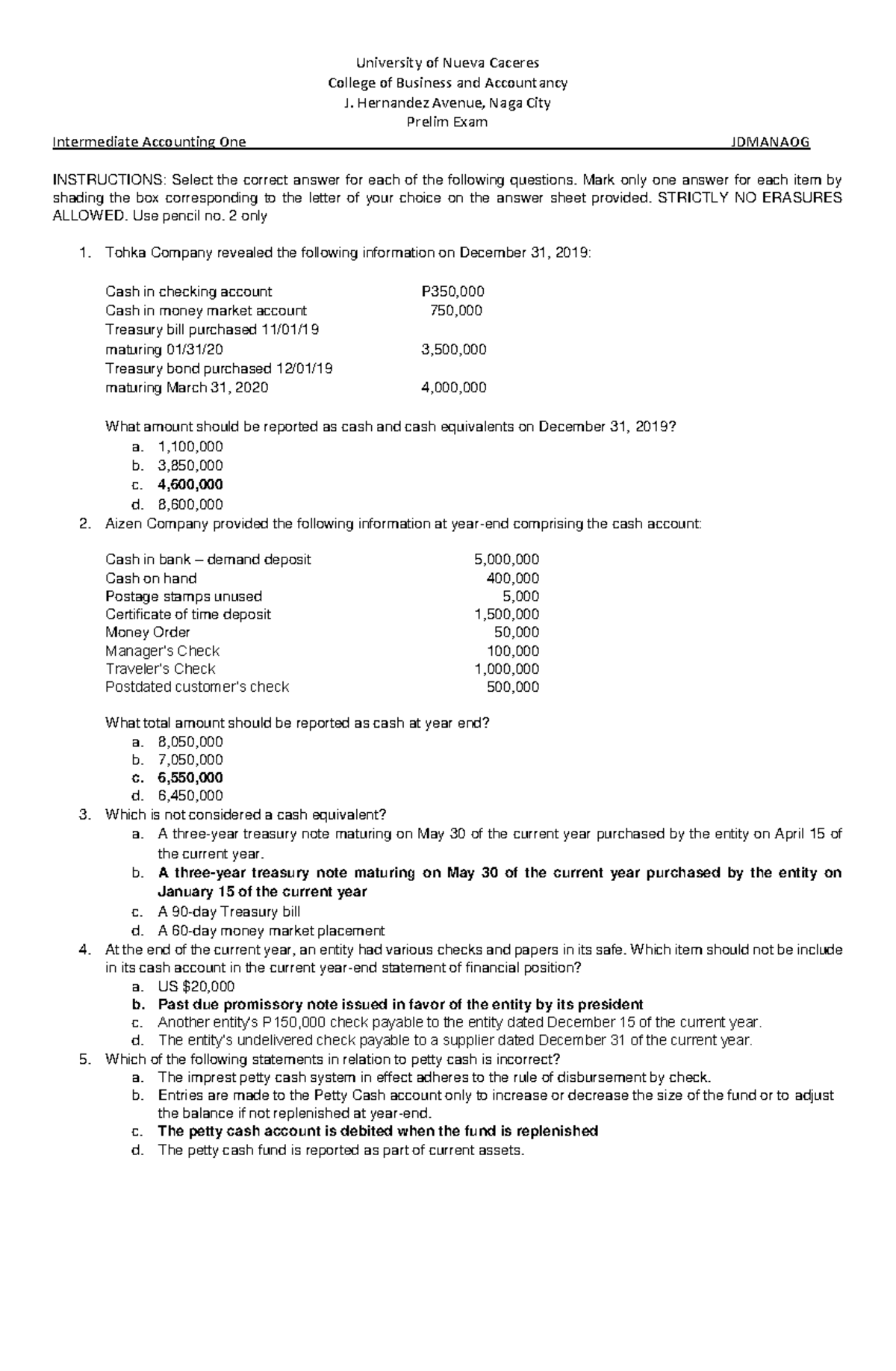 intermediate accounting examsssss - College of Business and Accountancy ...