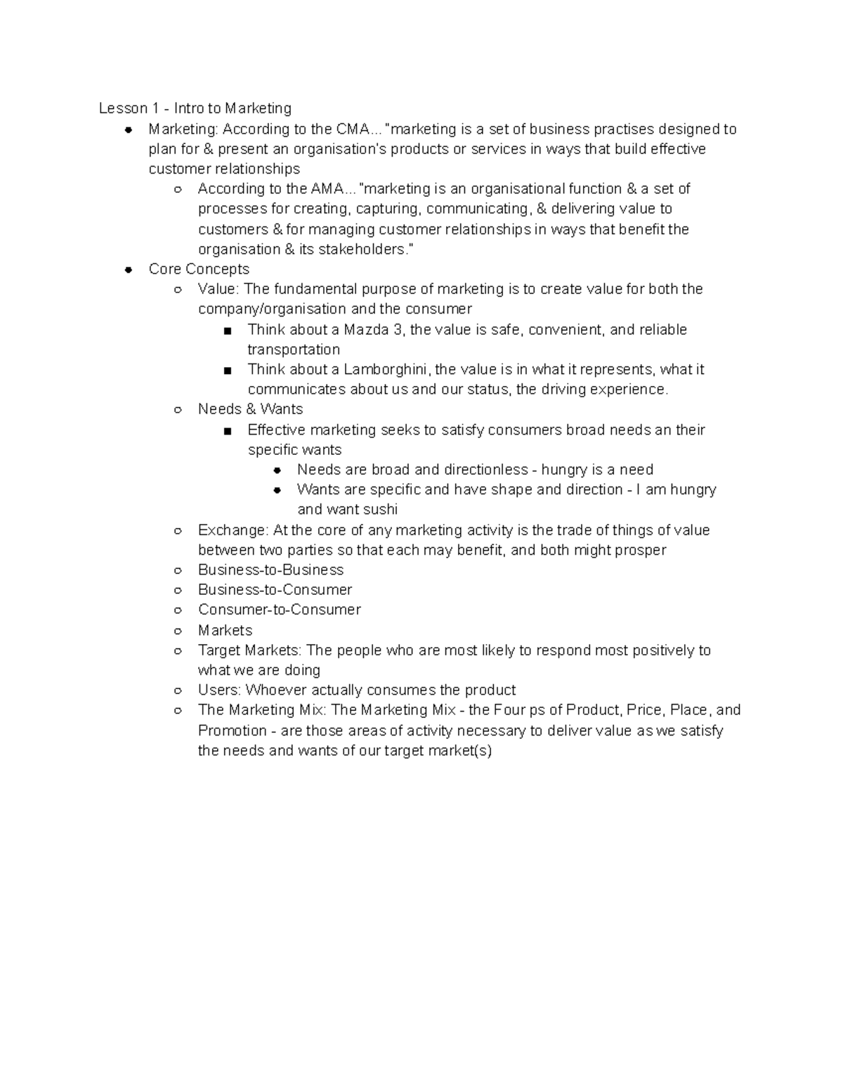 Mos 2320B - Marketing - Lesson 1 - Intro to Marketing Marketing ...